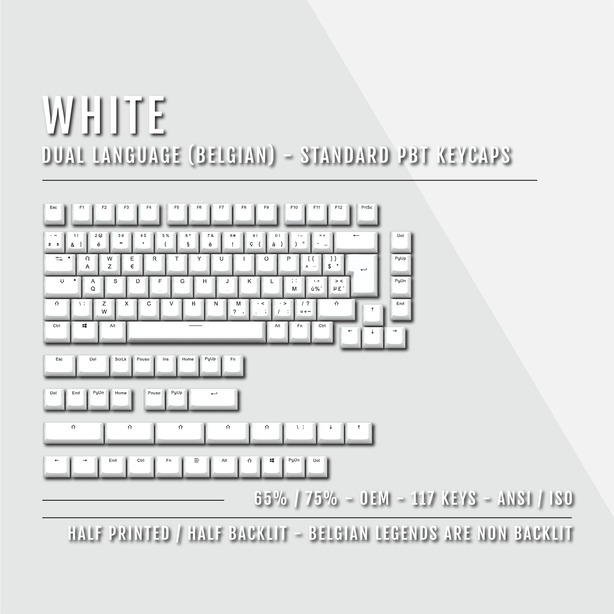 White PBT Belgian Keycaps - ISO-BE - 65/75% Sizes - Dual Language Keyc ...