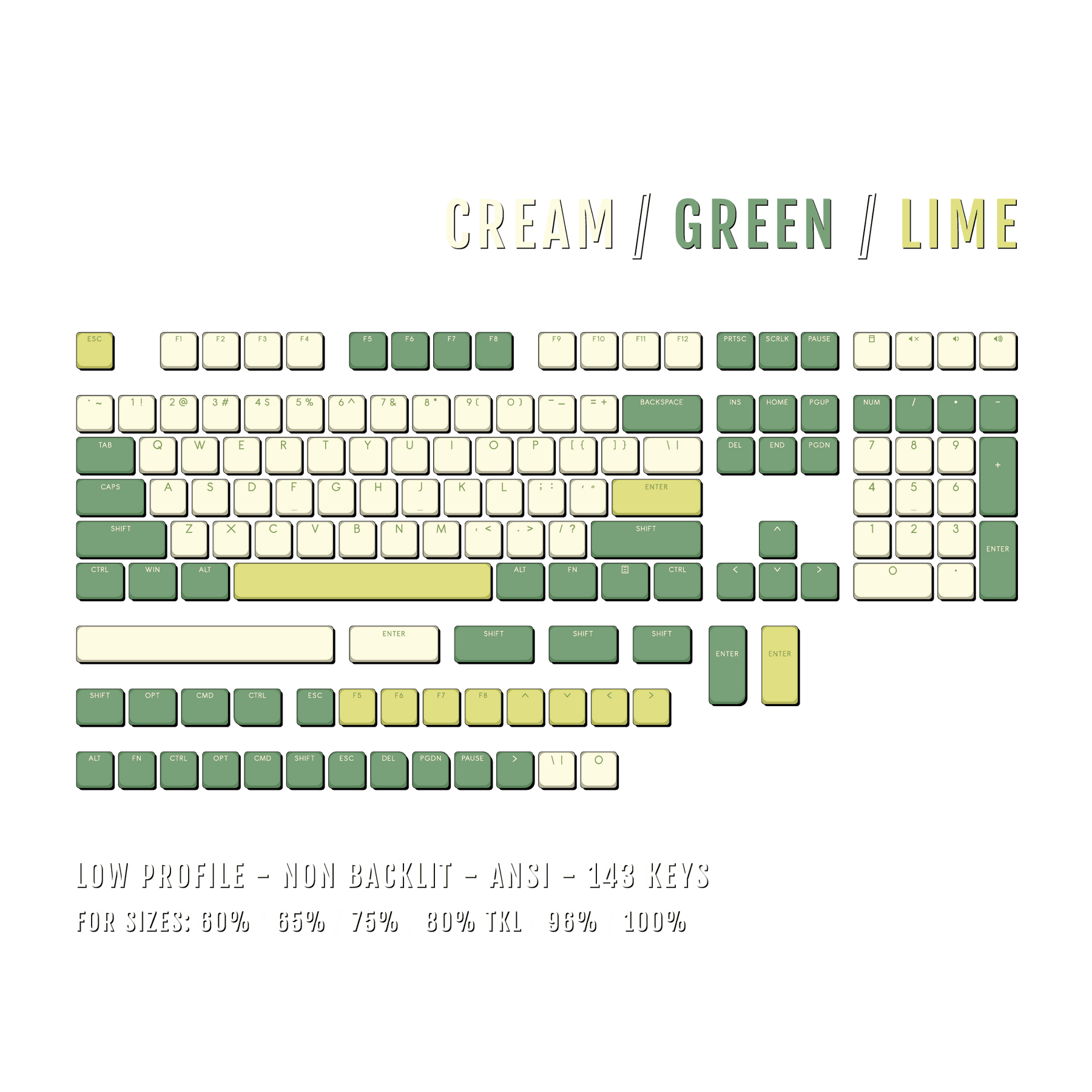 Cream/Green/Lime Low Profile PBT Keycaps – Krome Keycaps LTD