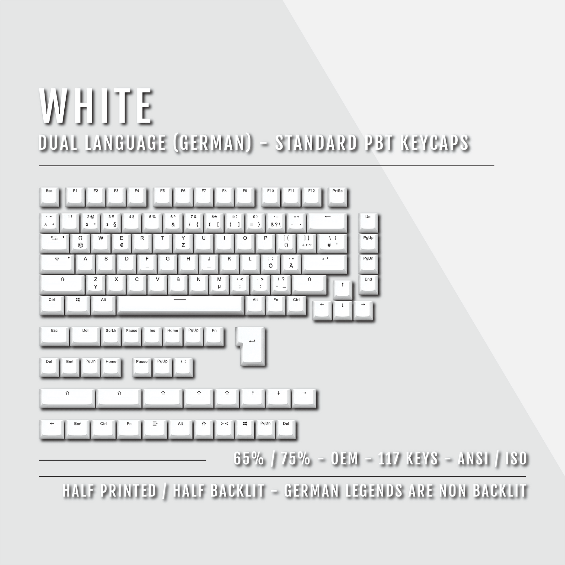 White PBT German Keycaps - ISO-DE - 65/75% Sizes - Dual Language Keyca ...