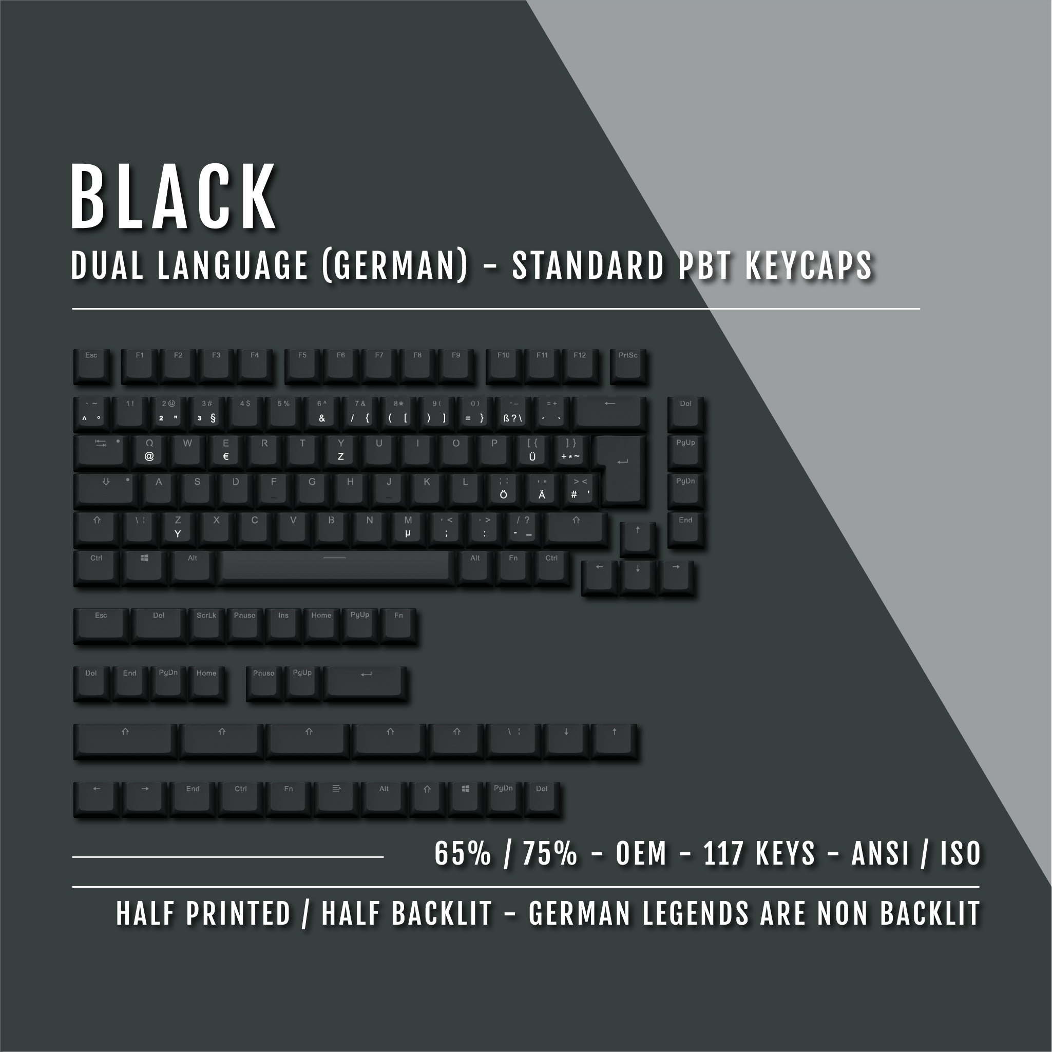 Black German (ISO-DE) Dual Language PBT Keycaps - 65/75% – Krome ...