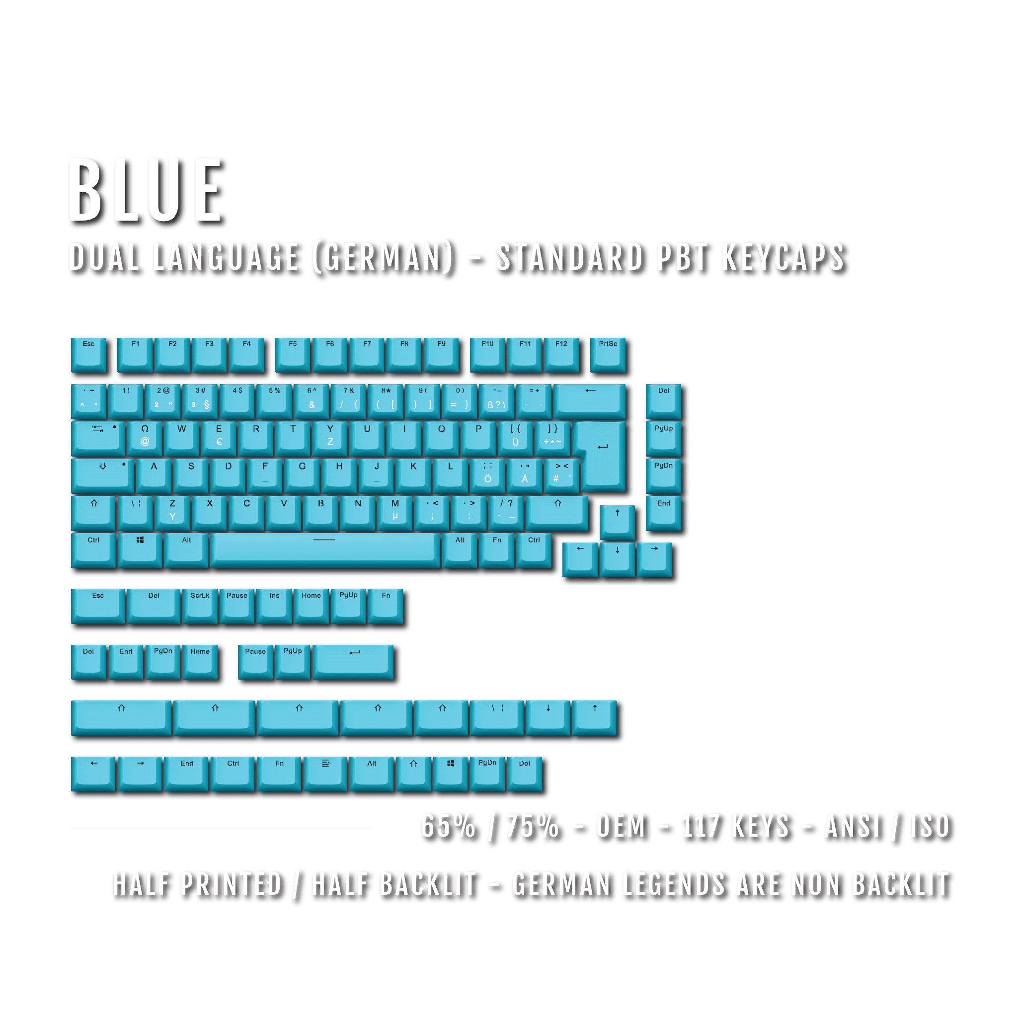 Blue PBT German Keycaps - ISO-DE - 65/75% Sizes - Dual Language Keycap ...