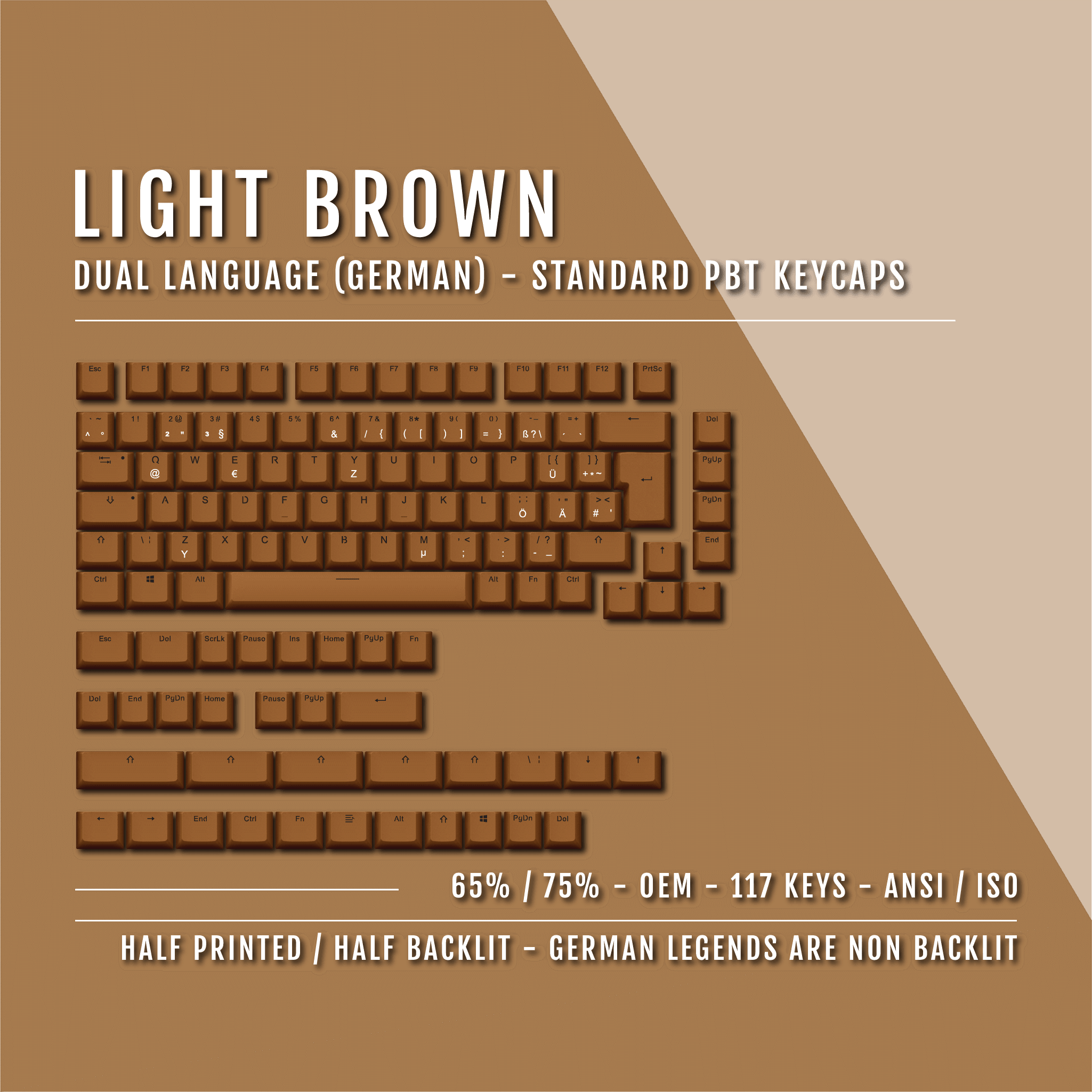 Light Brown German (ISO-DE) Dual Language PBT Keycaps - 65/75% – Krome ...