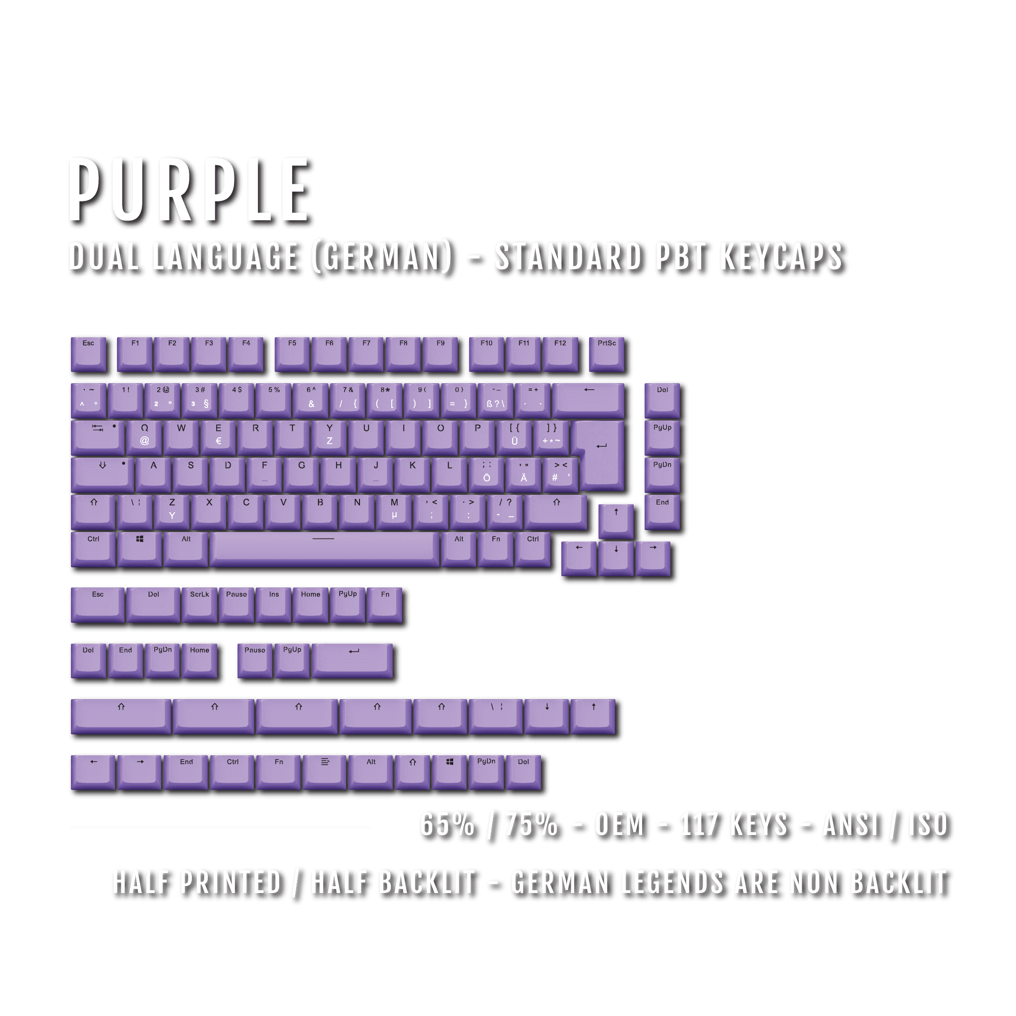 Purple PBT German Keycaps - ISO-DE - 65/75% Sizes - Dual Language Keyc ...
