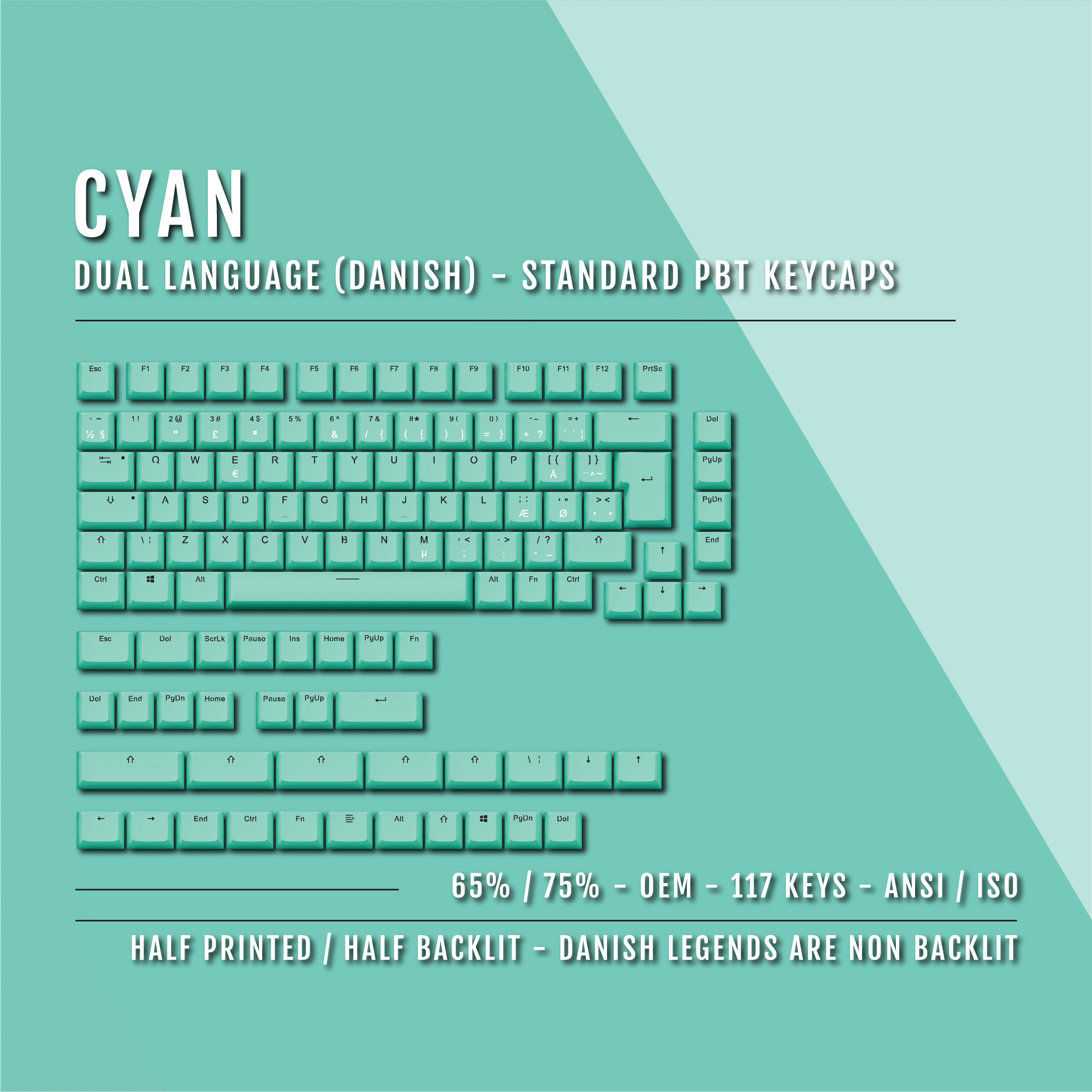 Cyan Danish (ISO-DK) Dual Language PBT Keycaps - 65/75% – Krome Keycaps LTD