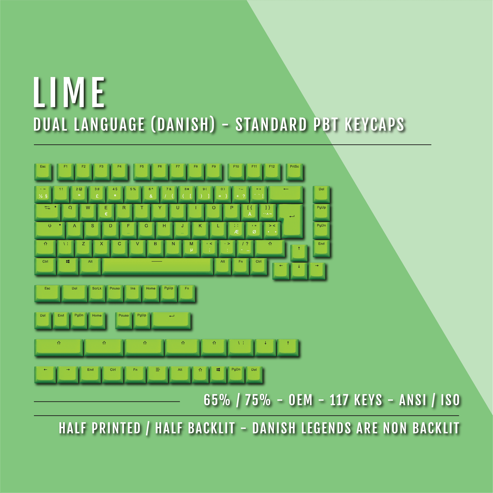 Lime Danish (ISO-DK) Dual Language PBT Keycaps - 65/75% – Krome Keycaps LTD