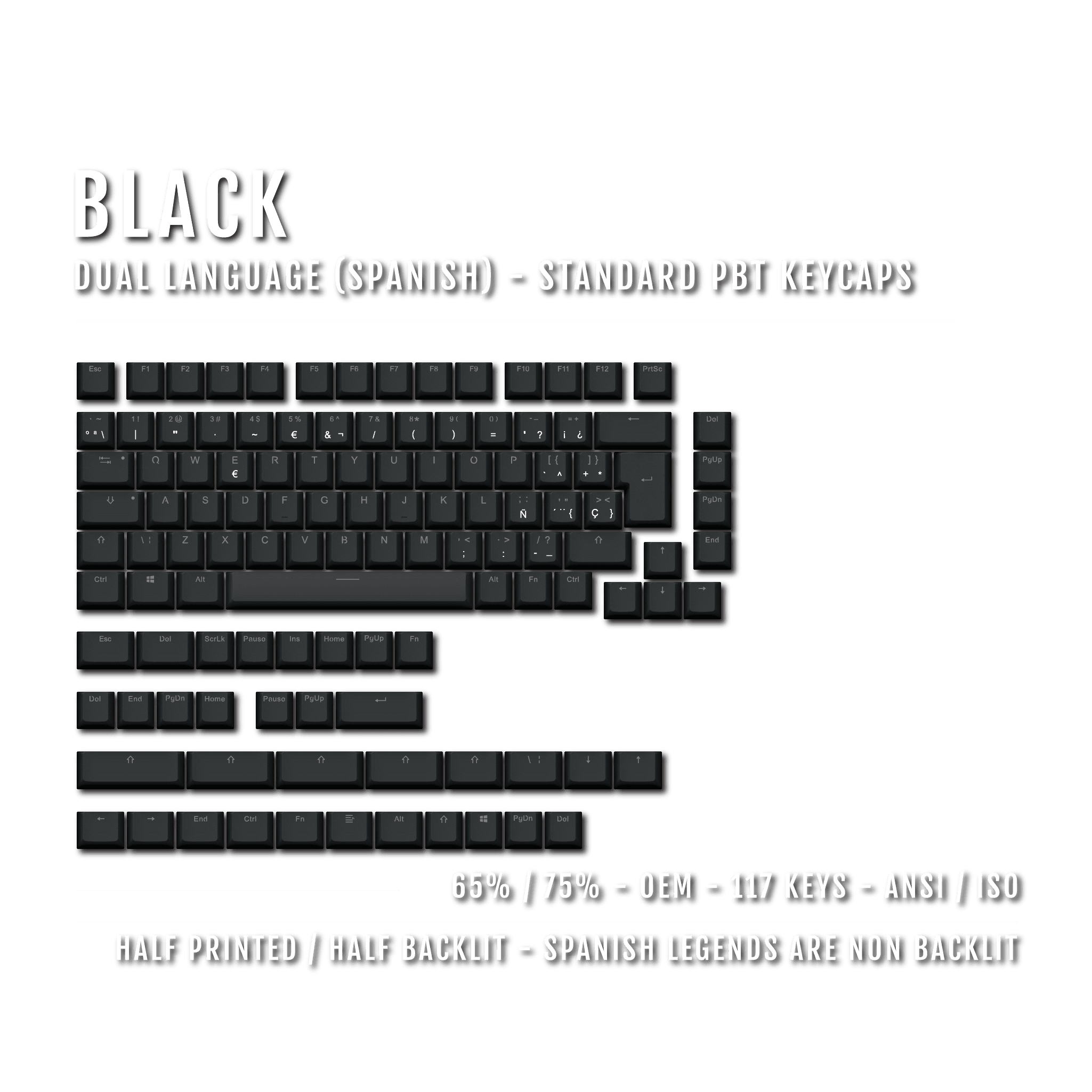 Black PBT Spanish Keycaps - ISO-ES - 65/75% Sizes - Dual Language Keyc ...