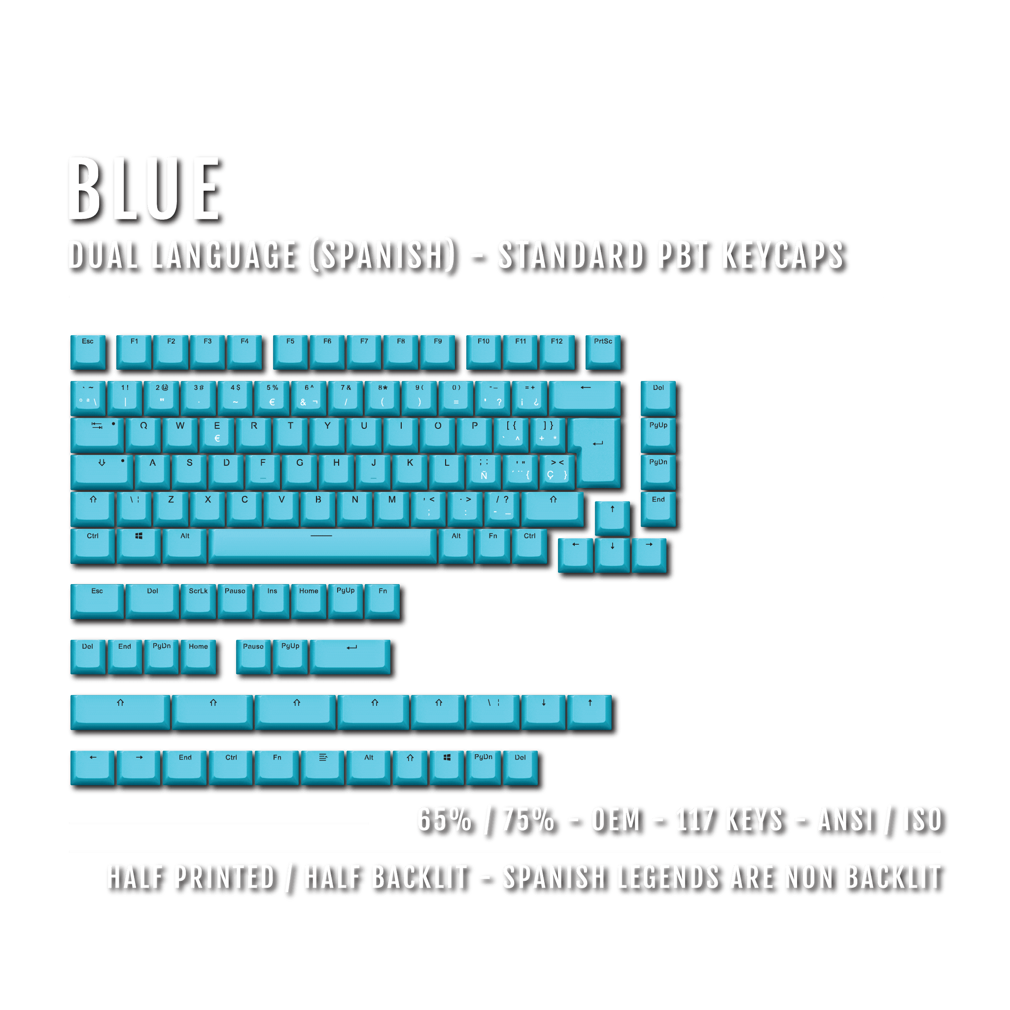 Blue PBT Spanish Keycaps - ISO-ES - 65/75% Sizes - Dual Language Keyca ...