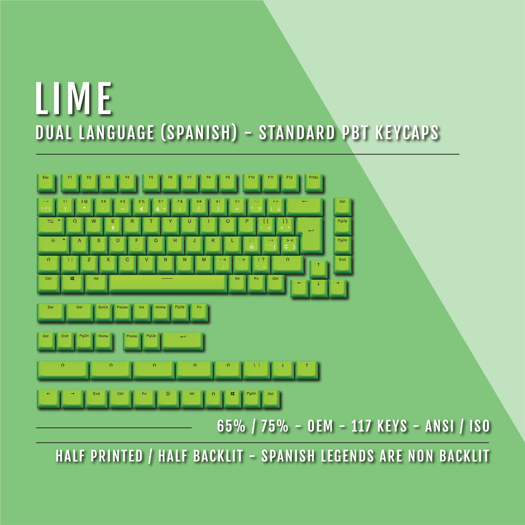 Lime Spanish (ISO-ES) Dual Language PBT Keycaps - 65/75% – Krome ...