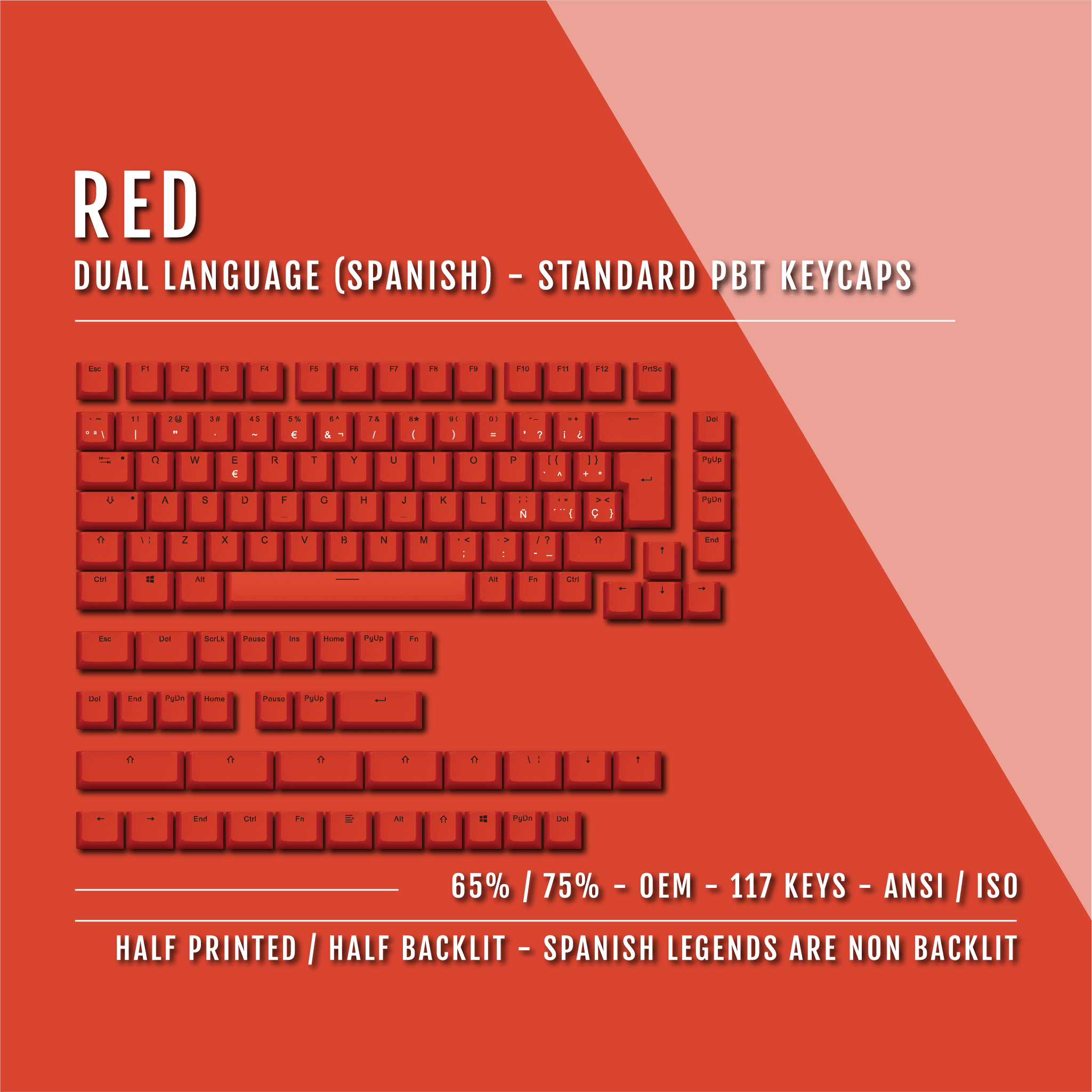 Red PBT Spanish Keycaps - ISO-ES - 65/75% Sizes - Dual Language Keycap ...