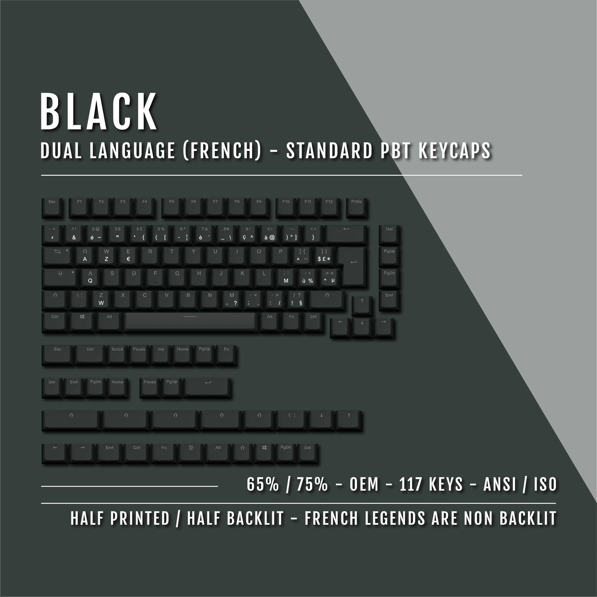 Black PBT French Keycaps - ISO-FR - 65/75% Sizes - Dual Language Keyca ...