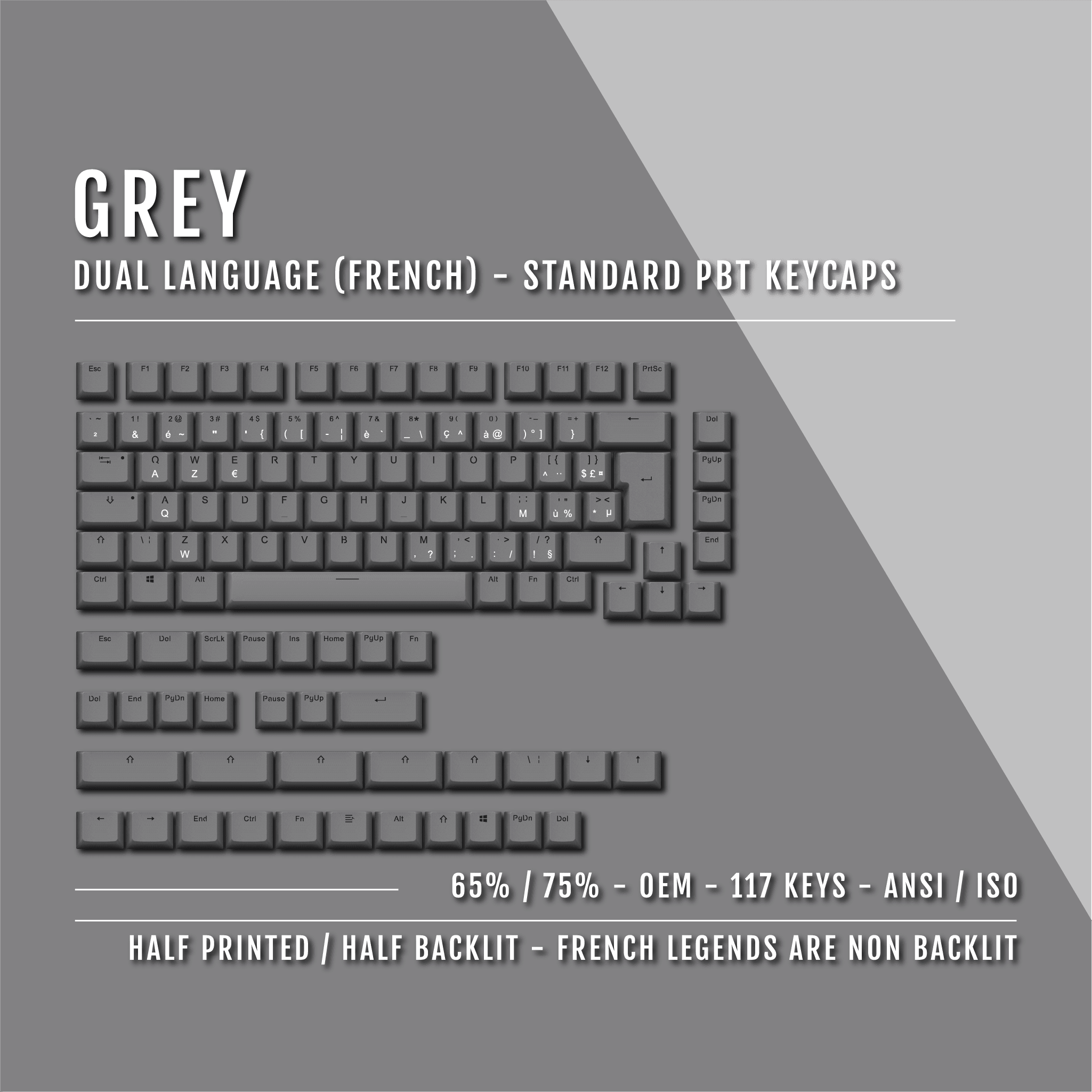 Grey PBT French Keycaps - ISO-FR - 65/75% Sizes - Dual Language Keycap ...