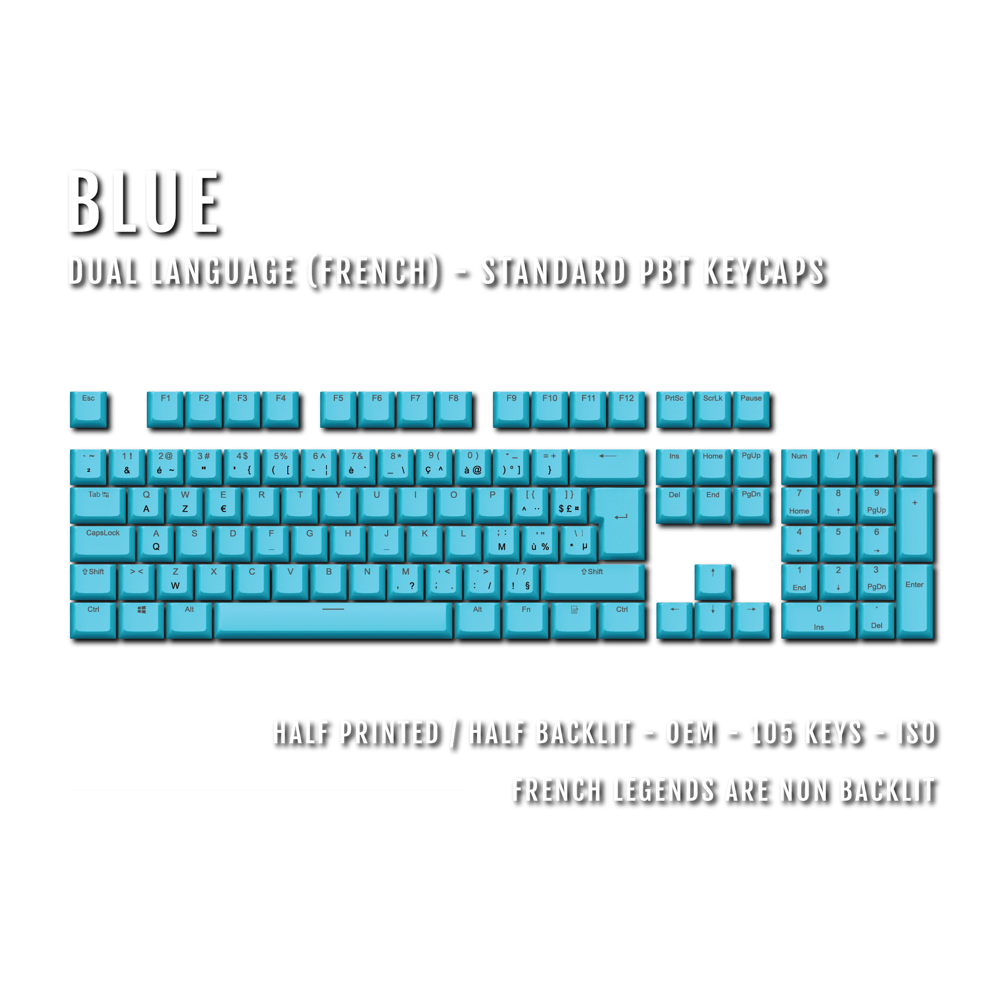 Blue PBT French Keycaps - ISO-FR - 100% Size - Dual Language Keycaps ...