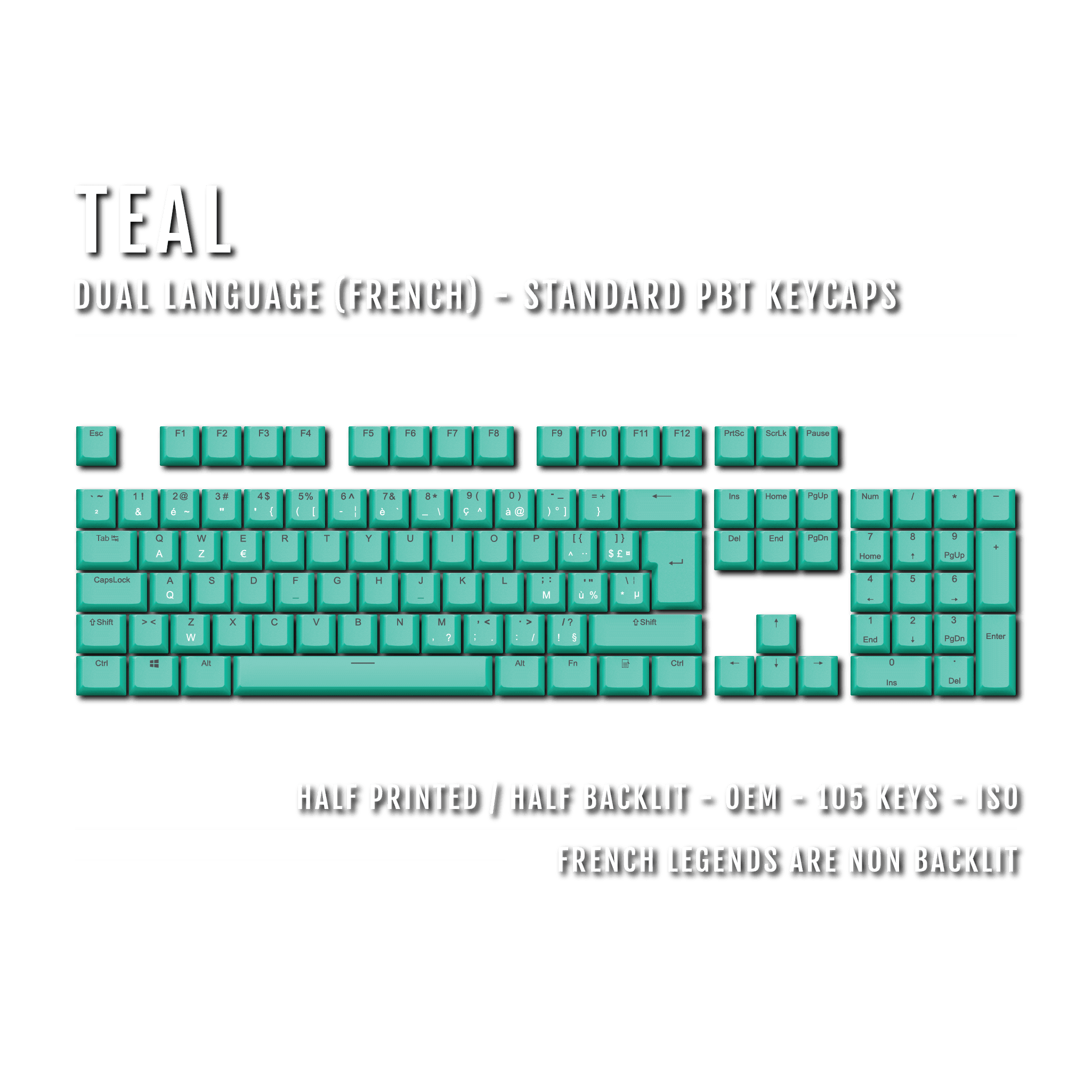 Teal PBT French Keycaps - ISO-FR - 100% Size - Dual Language Keycaps ...