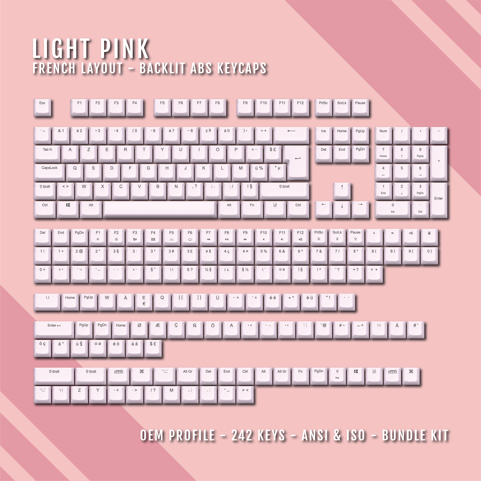Light Pink French (ISO-FR) Backlit ABS Keycaps for Windows & Mac ...