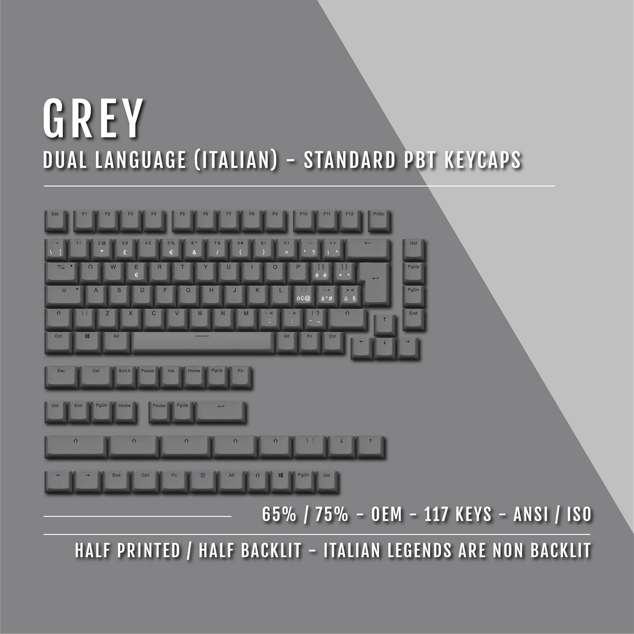 Grey PBT Italian Keycaps - ISO-IT - 65/75% Sizes - Dual Language Keyca ...