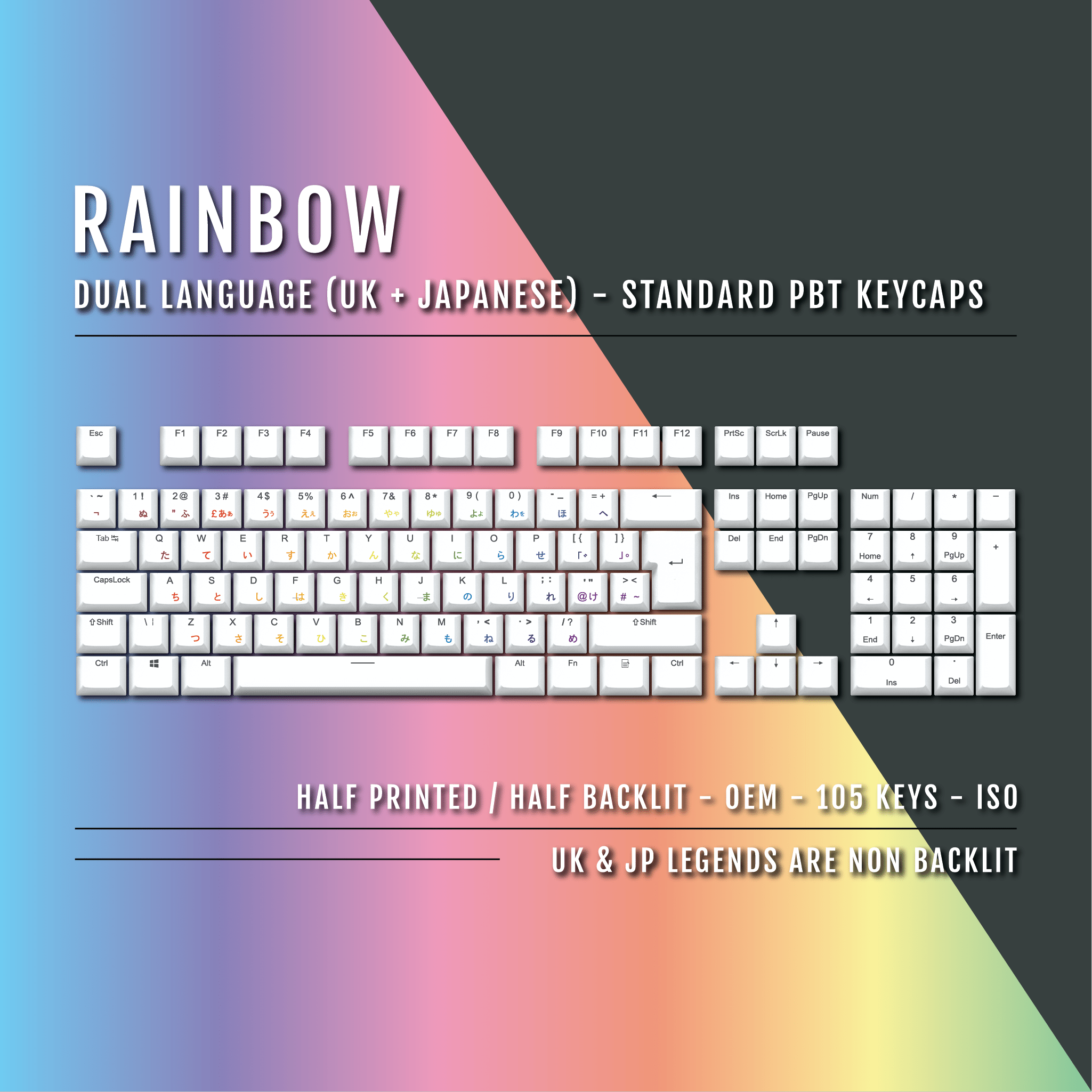 White Rainbow UK & Japanese Dual Language PBT Keycaps – Krome Keycaps LTD