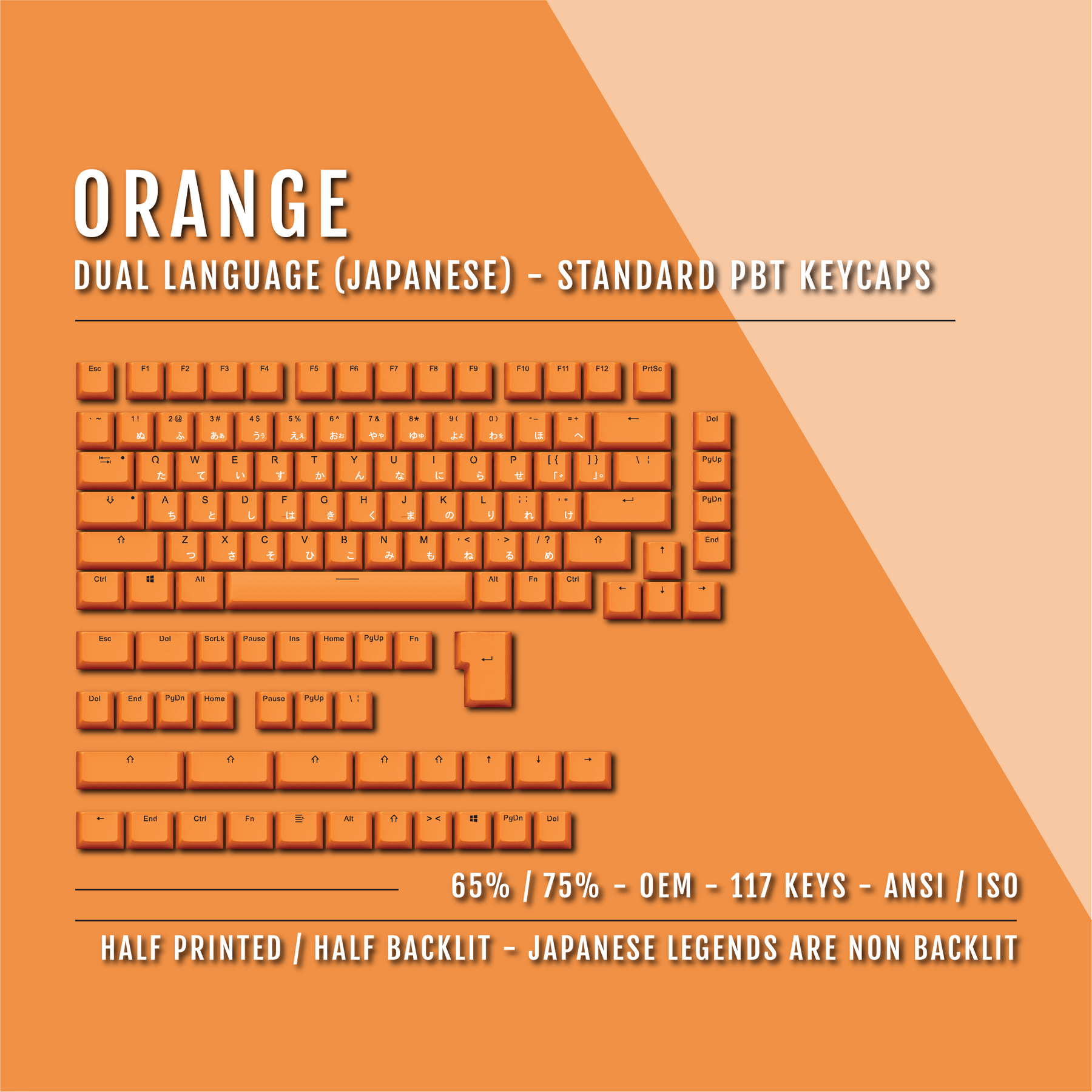 US Orange PBT Japanese (Hiragana) Keycaps - 65/75% Sizes - Dual Langua ...