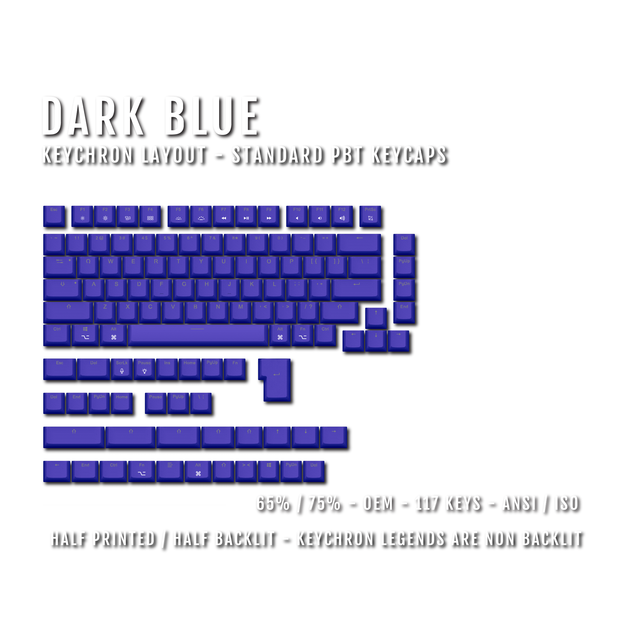 US Dark Blue PBT Keychron (Layout) Keycaps - 65/75% Sizes - Dual Langu ...