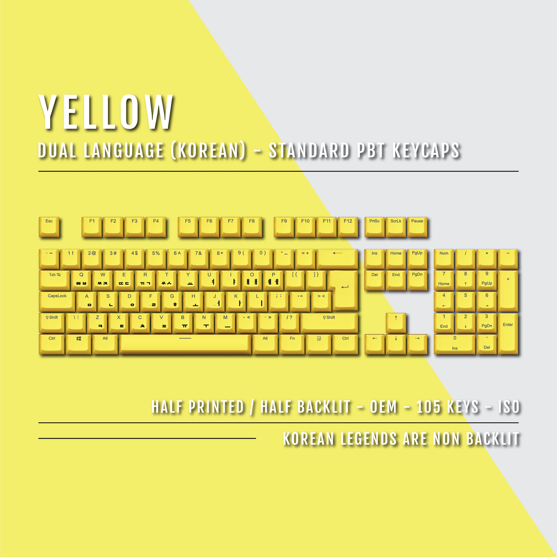 US Yellow PBT Korean (Hangul) Keycaps - 100% Size - Dual Language Keyc ...