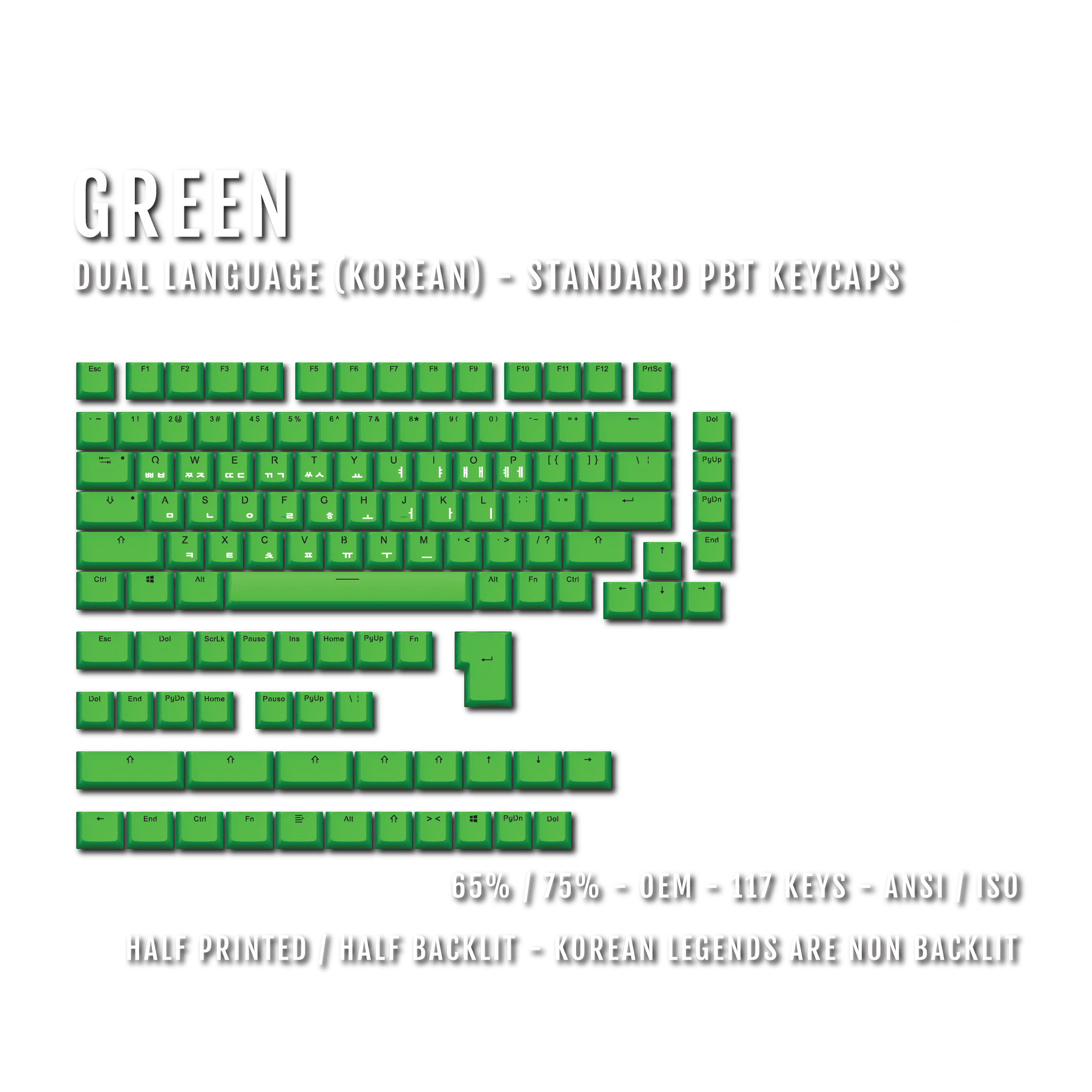 US Green PBT Korean (Hangul) Keycaps - 65/75% Sizes - Dual Language Ke ...