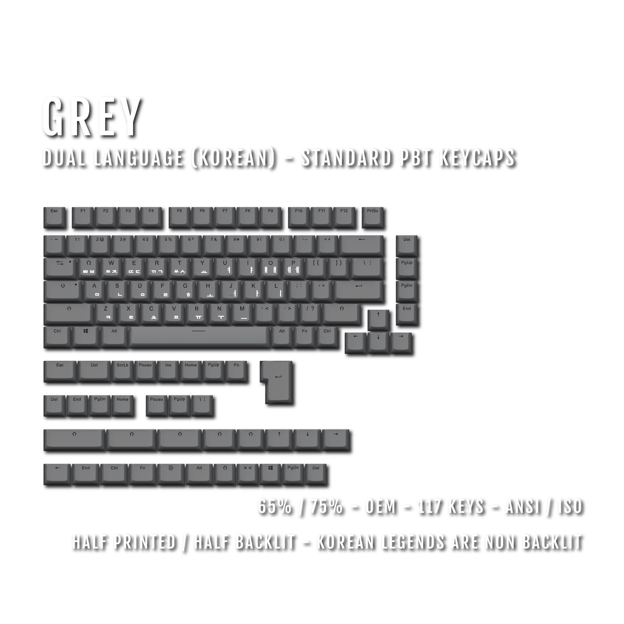 US Grey PBT Korean (Hangul) Keycaps - 65/75% Sizes - Dual Language Key ...