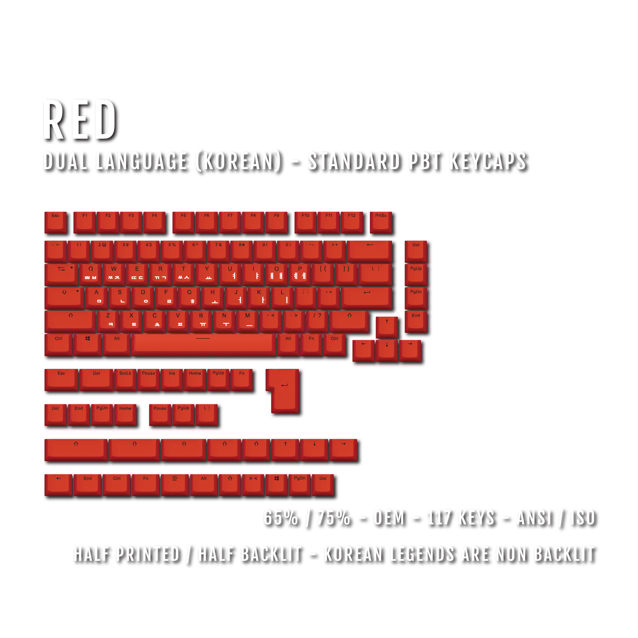 US Red PBT Korean (Hangul) Keycaps - 65/75% Sizes - Dual Language Keyc ...