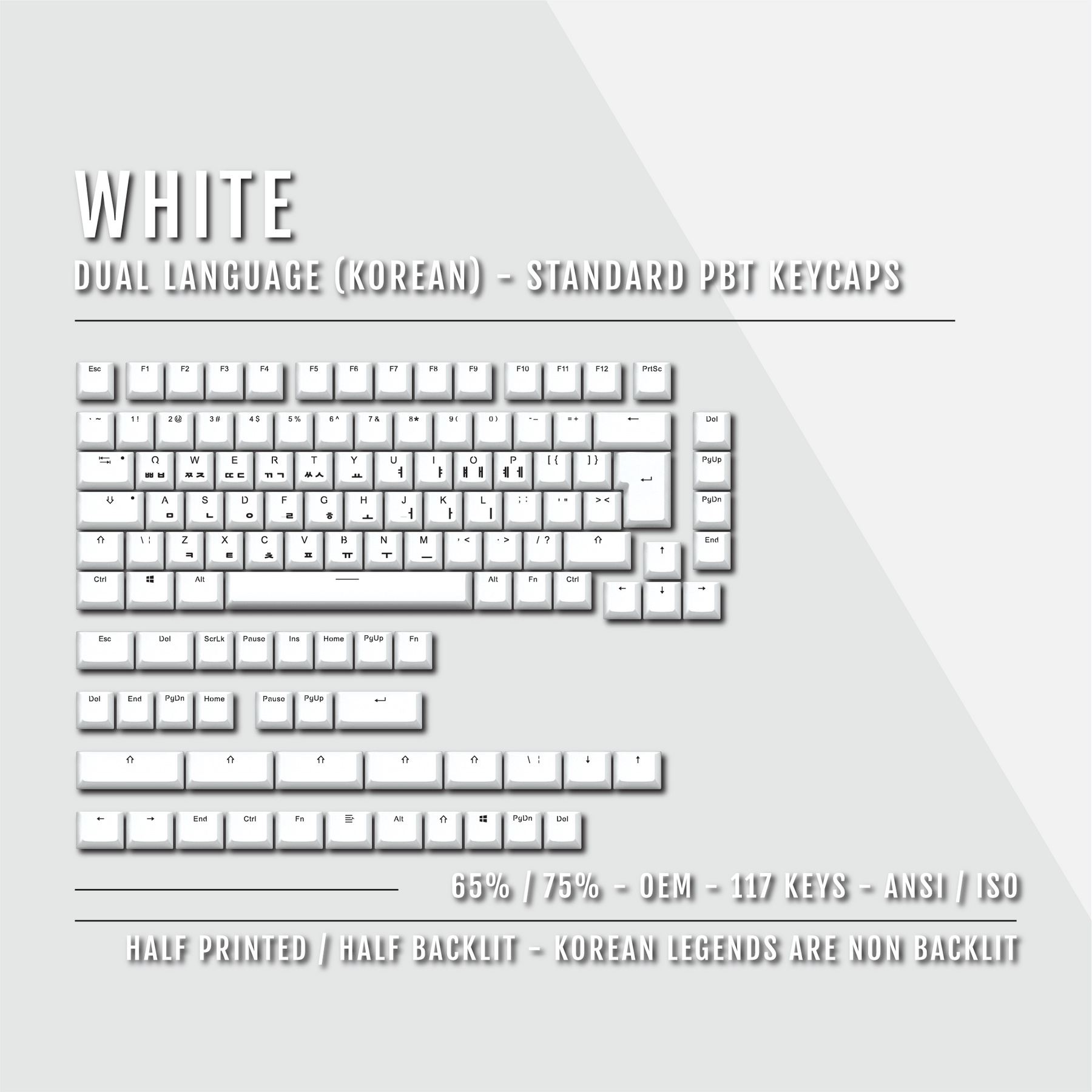 US White PBT Korean (Hangul) Keycaps - 65/75% Sizes - Dual Language Ke ...