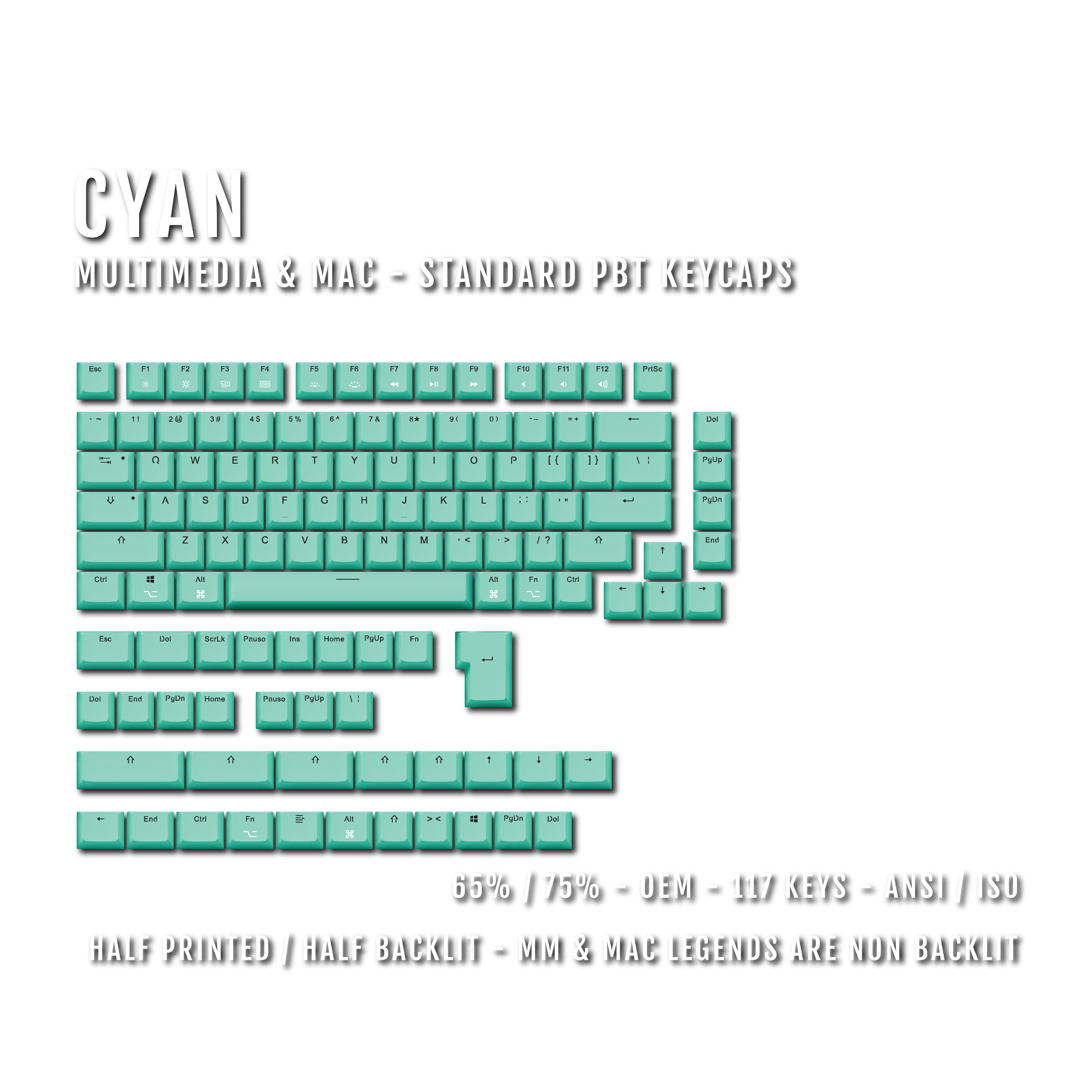 US Cyan PBT Mac & Multimedia Keycaps - 65/75% Sizes - Dual Language Ke ...