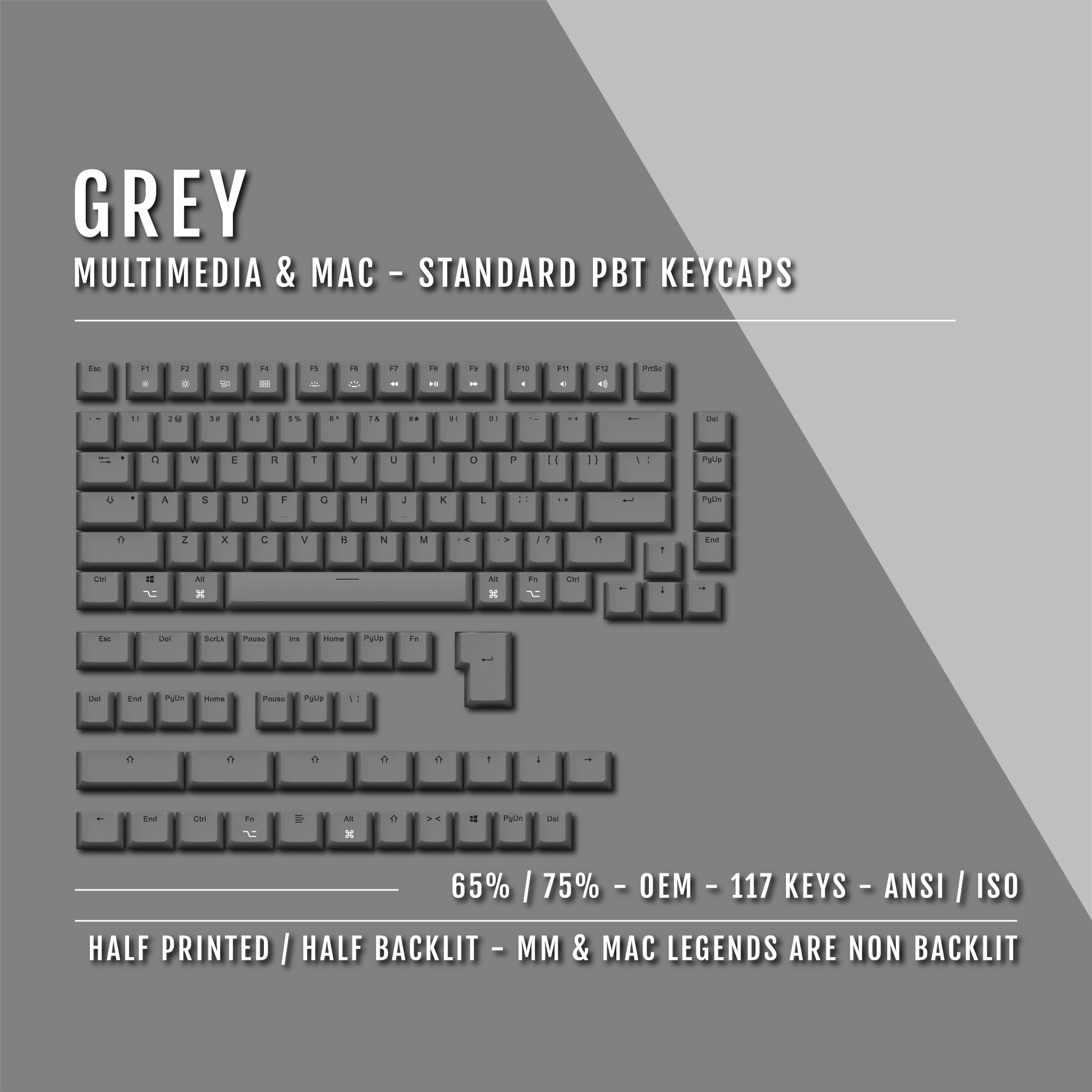 Grey Mac & Multimedia Dual Language PBT Keycaps - 65/75% – Krome ...