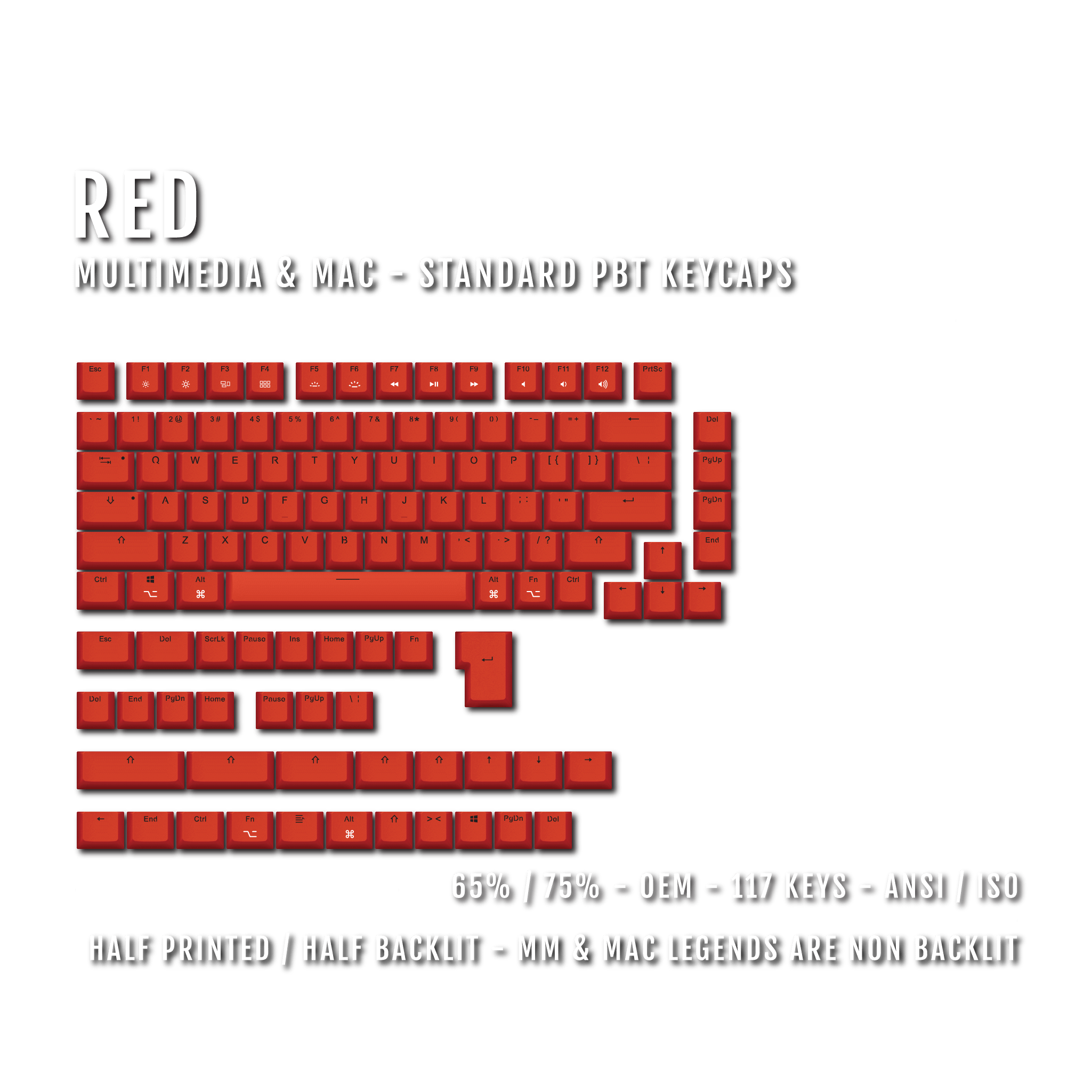 US Red PBT Mac & Multimedia Keycaps - 65/75% Sizes - Dual Language Key ...