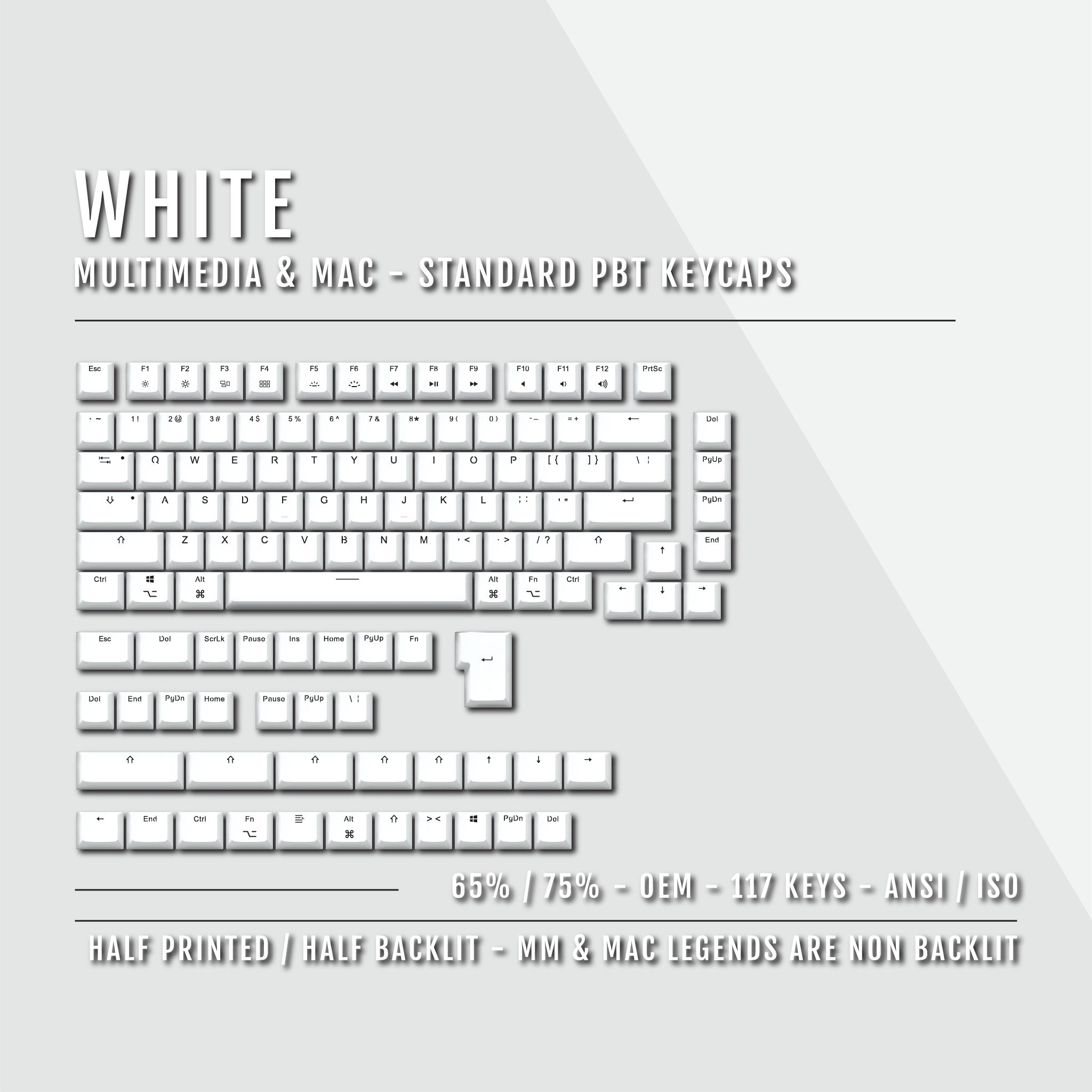 White Mac & Multimedia Dual Language PBT Keycaps - 65/75% – Krome ...