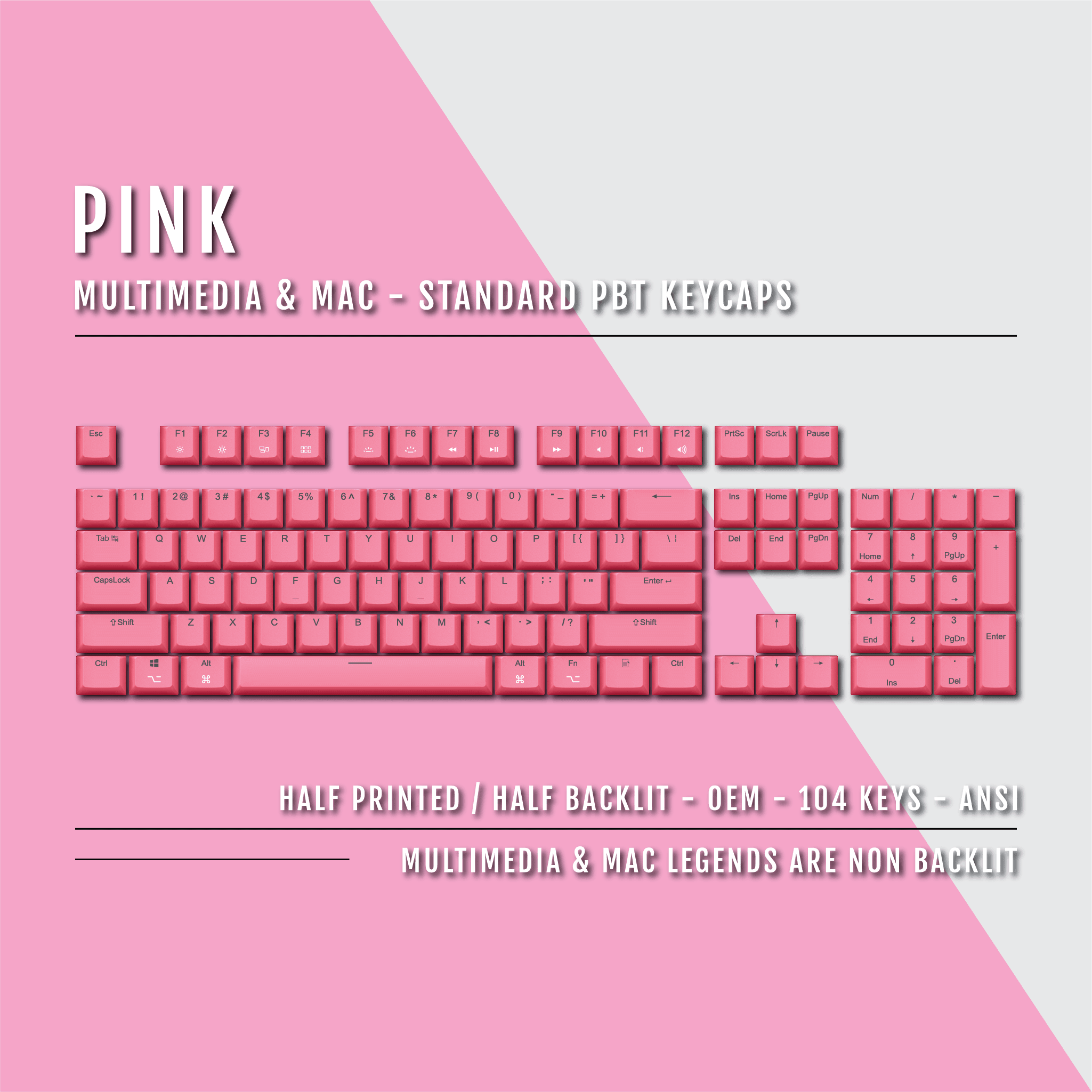 US Pink PBT Mac & Multimedia Keycaps - 100% Size - Dual Language Keyca ...