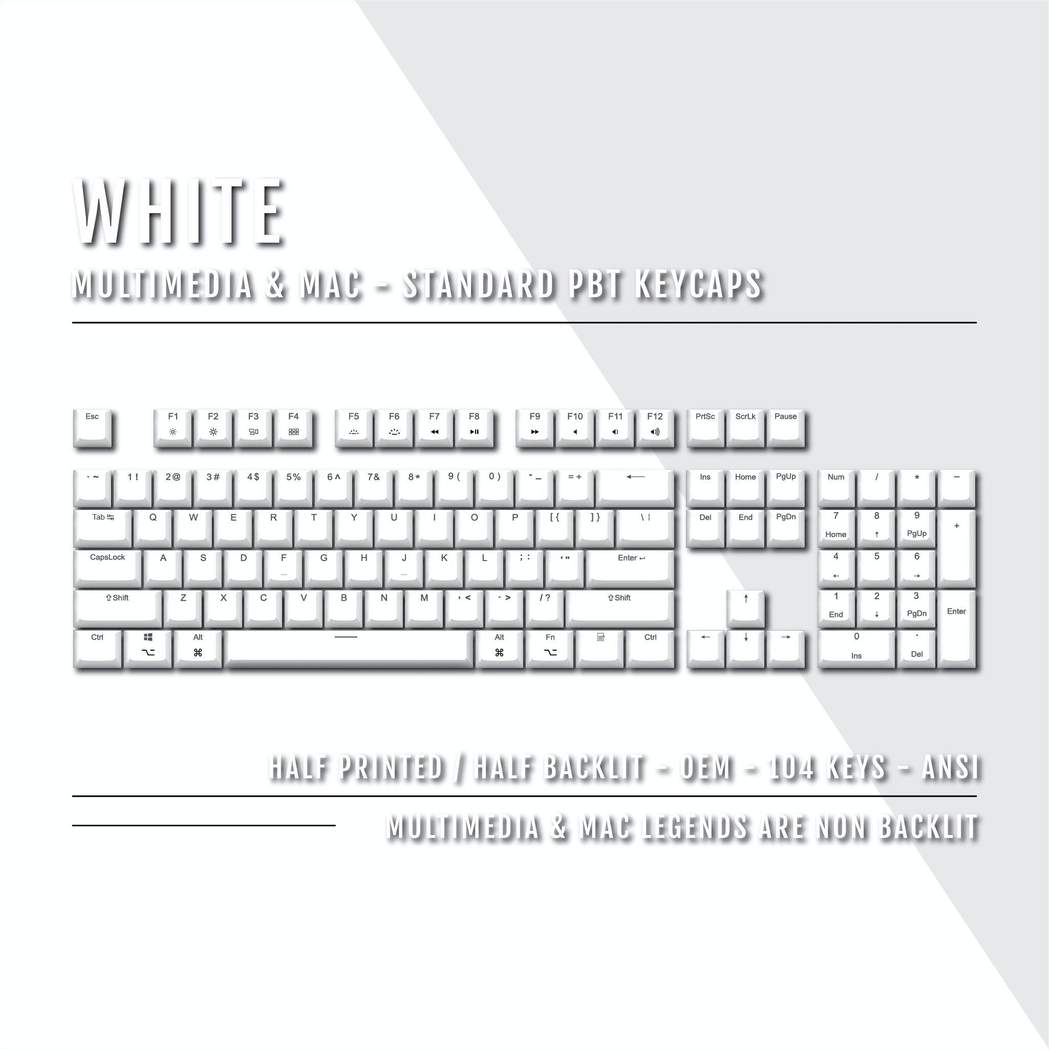 White Mac & Multimedia Dual Language PBT Keycaps – Krome Keycaps LTD