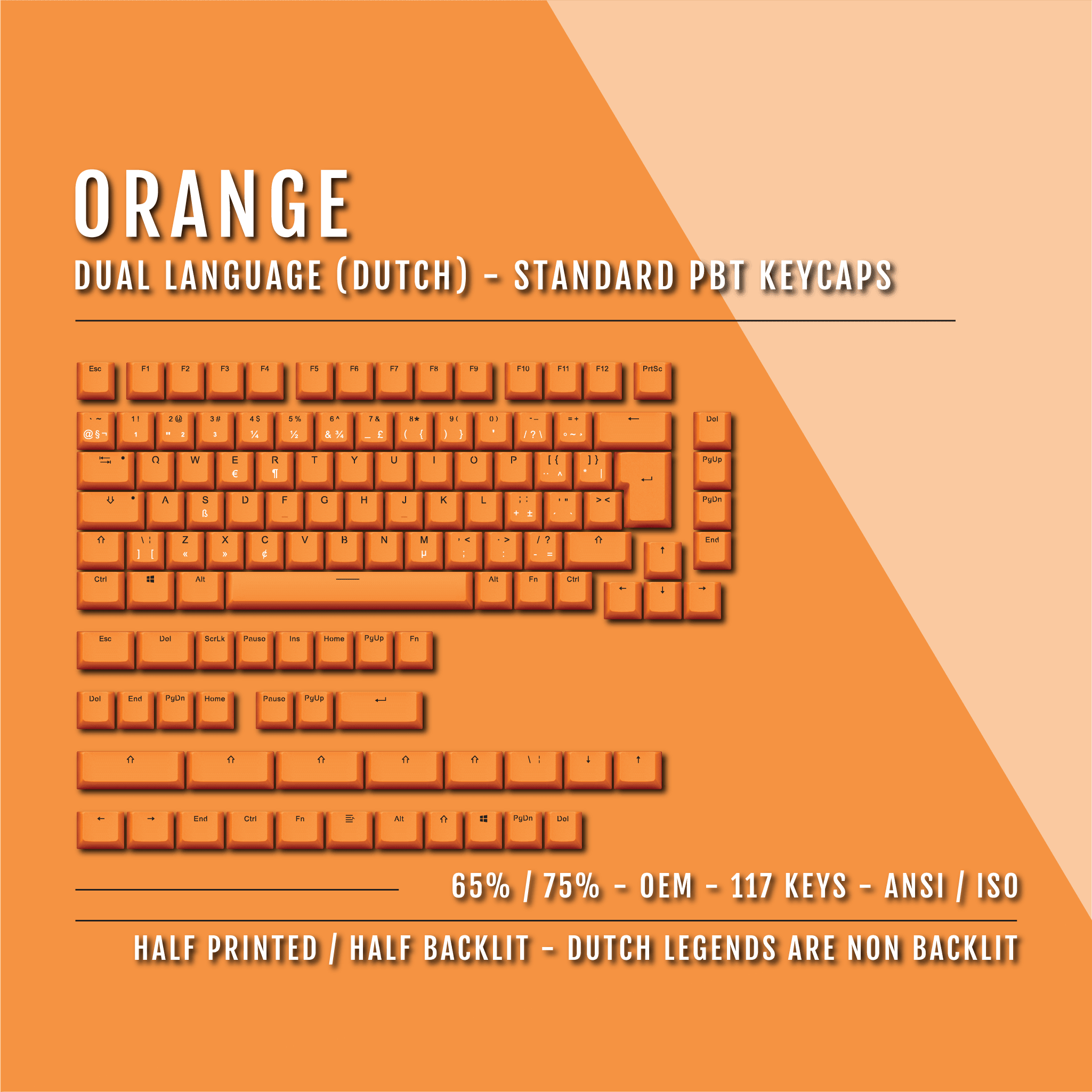 Orange PBT Dutch Keycaps - ISO-NL - 65/75% Sizes - Dual Language Keyca ...