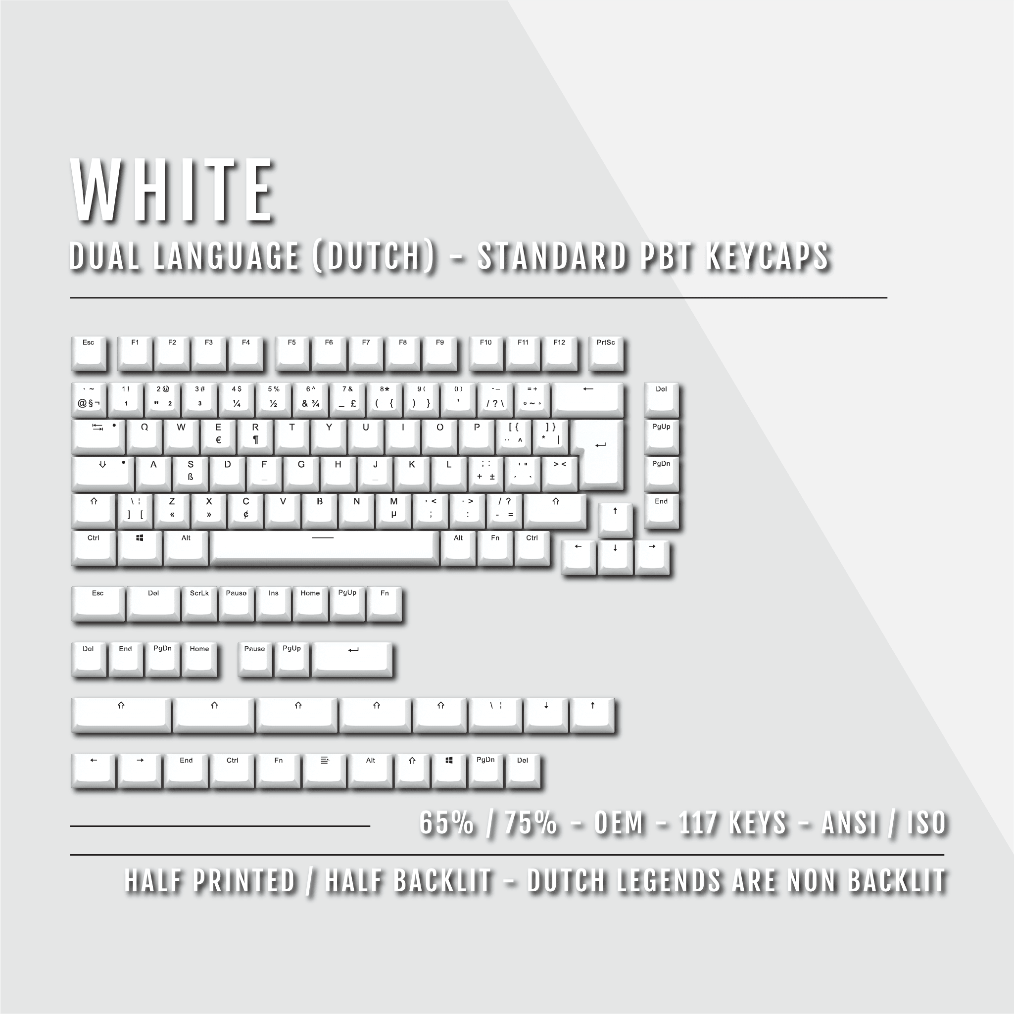 White Dutch (ISO-NL) Dual Language PBT Keycaps - 65/75% – Krome Keycaps LTD