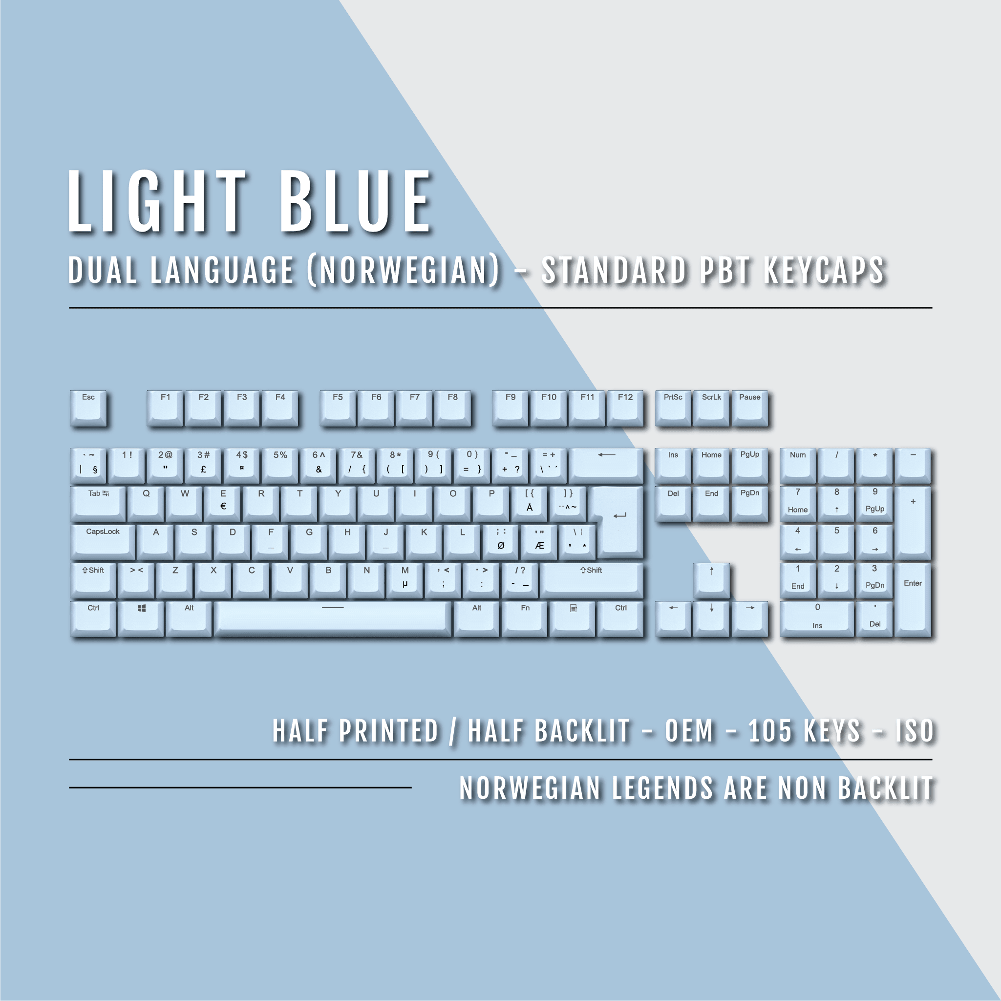Light Blue Norwegian (ISO-NO) Dual Language PBT Keycaps – Krome Keycaps LTD