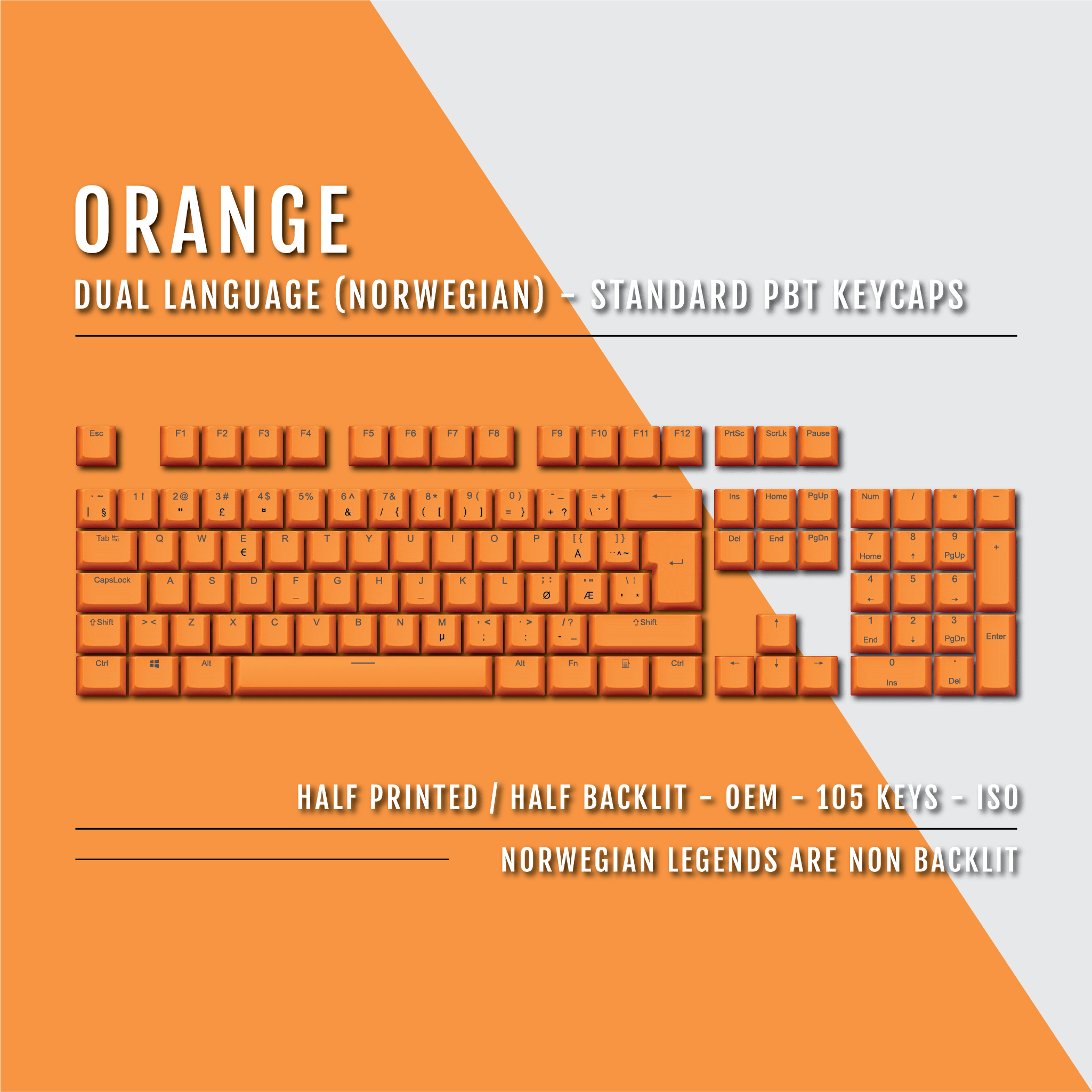 Orange Norwegian (ISO-NO) Dual Language PBT Keycaps – Krome Keycaps LTD