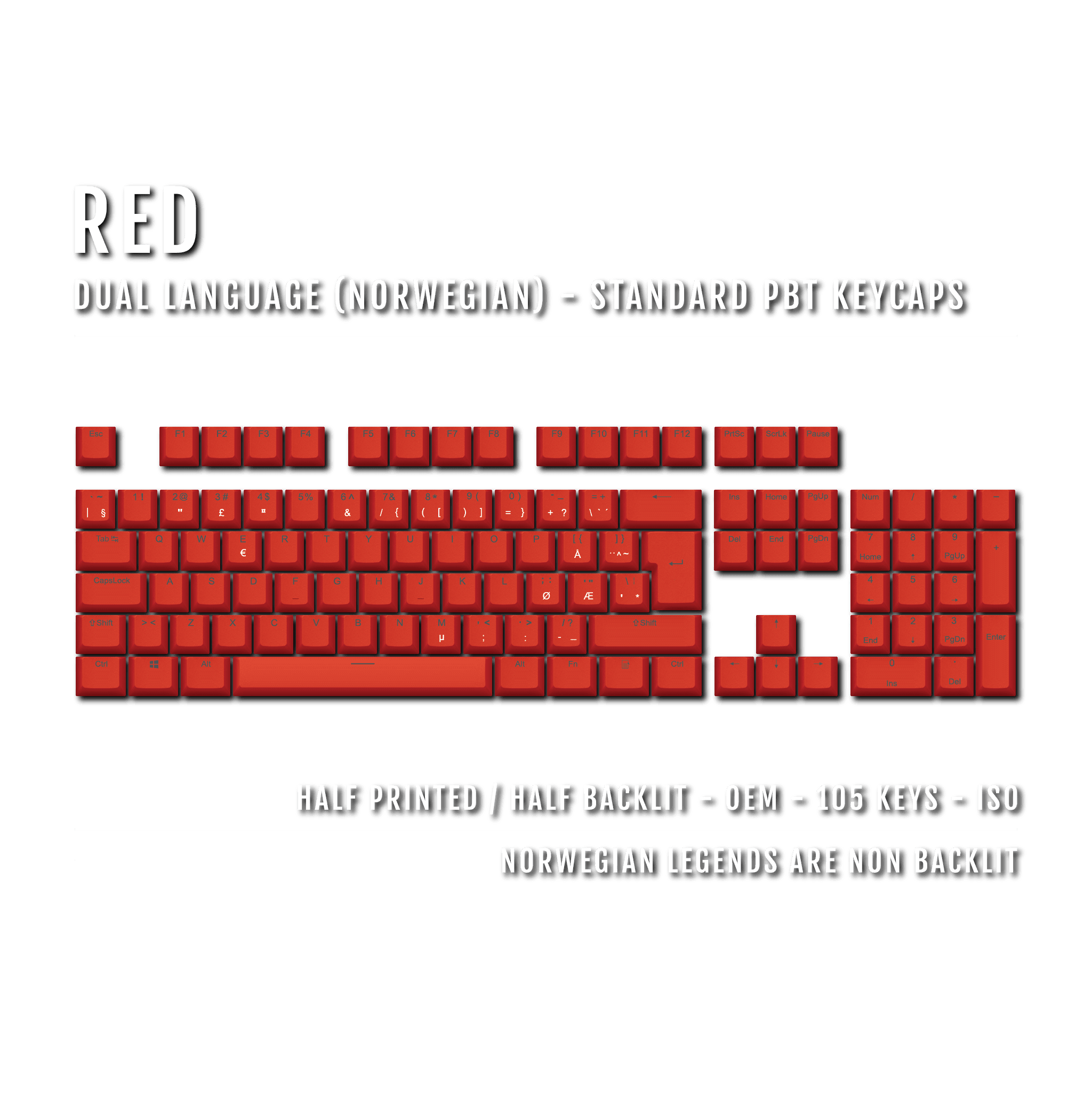 Red PBT Norwegian Keycaps - ISO-NO - 100% Size - Dual Language Keycaps ...