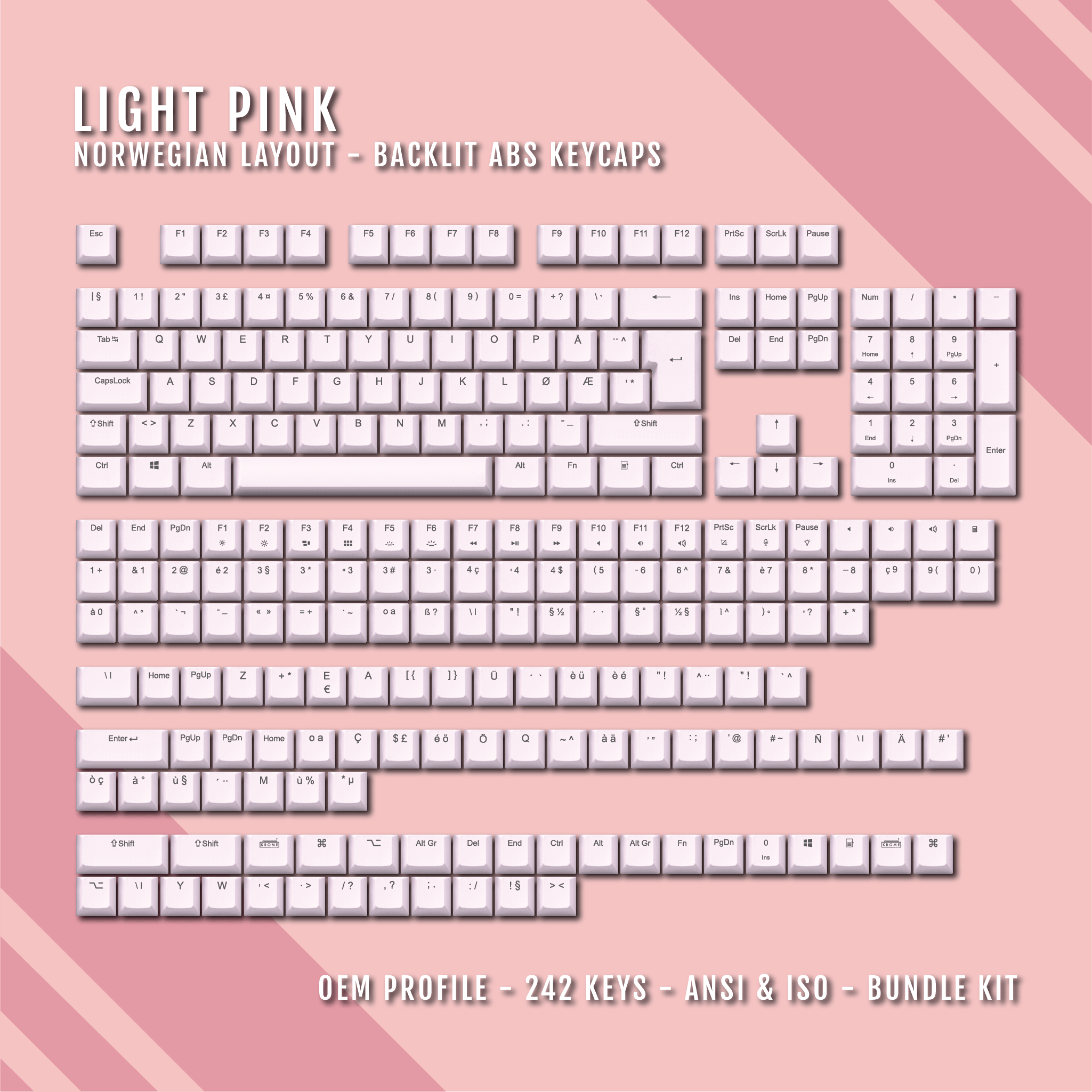 Light Pink Norwegian (ISO-NO) Backlit ABS Keycaps for Windows & Mac ...