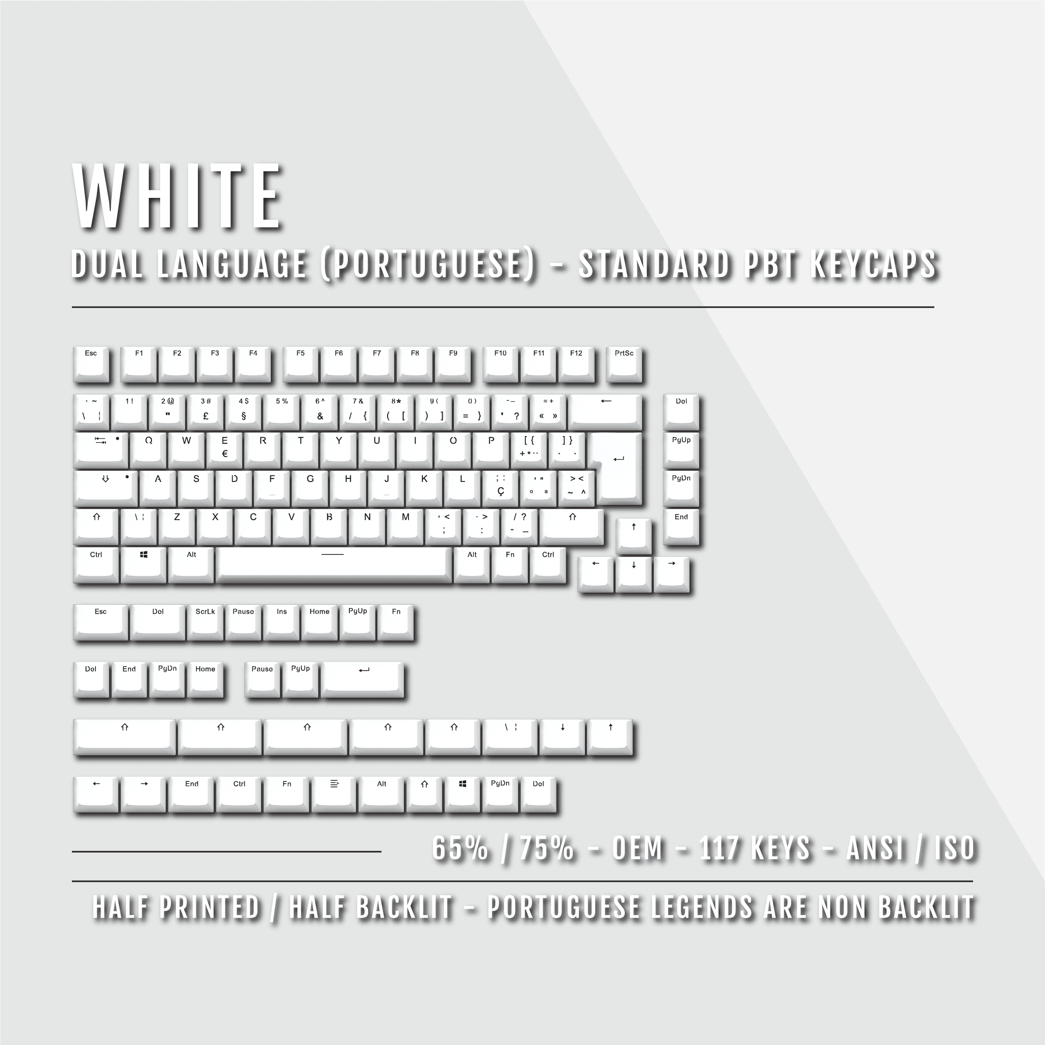 White Portuguese (ISO-PT) Dual Language PBT Keycaps - 65/75% – Krome ...