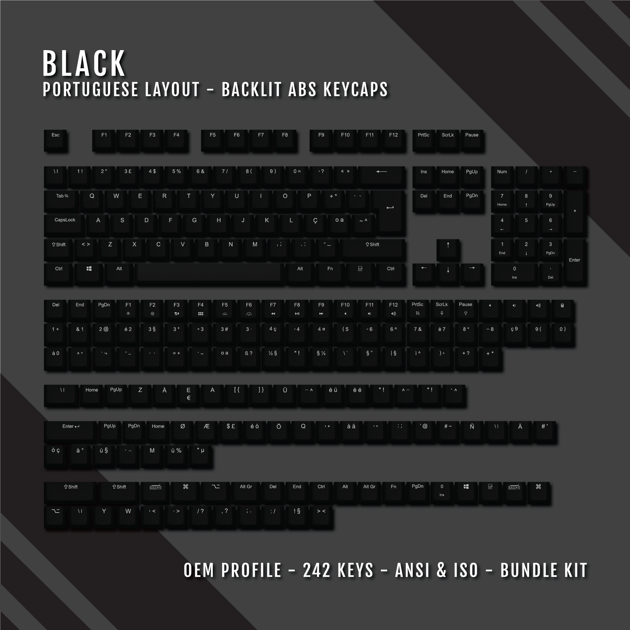 Black Portuguese (ISO-PT) Backlit ABS Keycaps – Krome Keycaps LTD