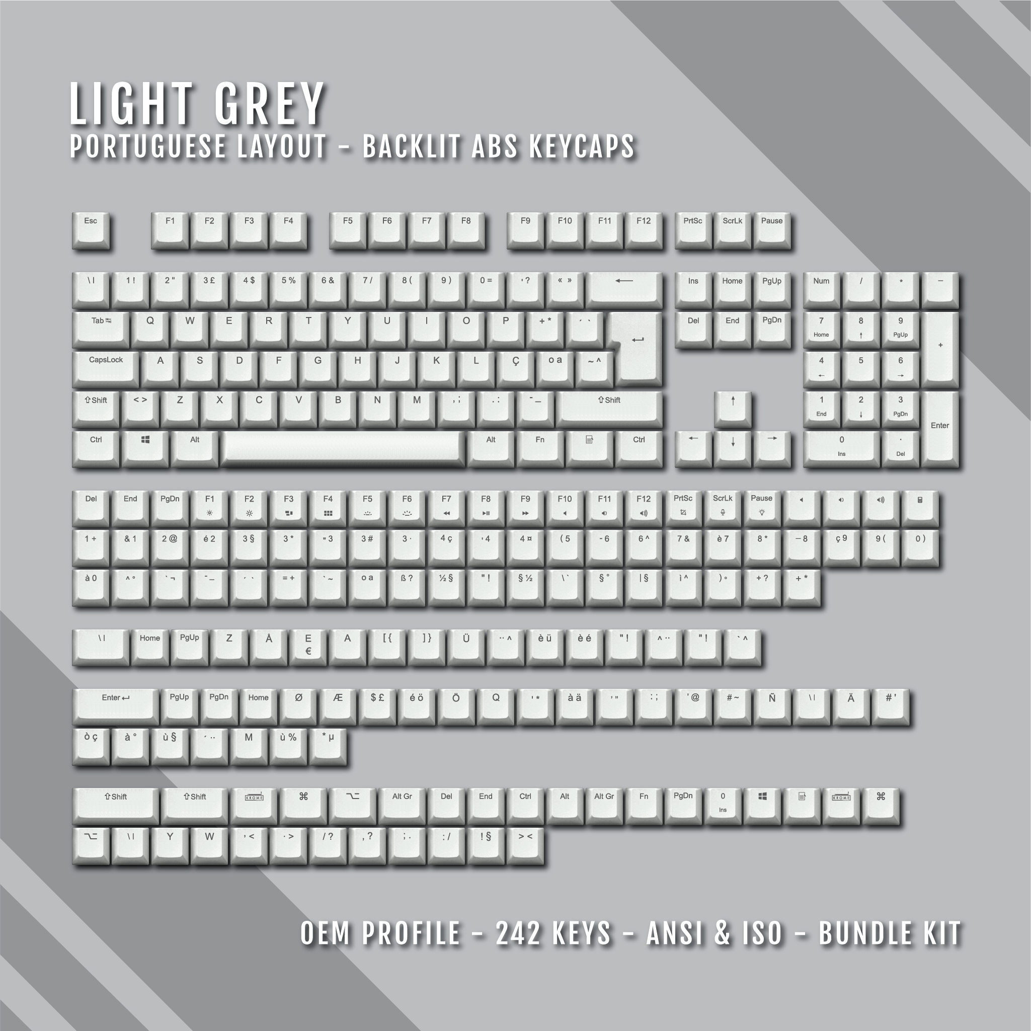 Light Grey Portuguese (ISO-PT) Backlit ABS Keycaps – Krome Keycaps LTD