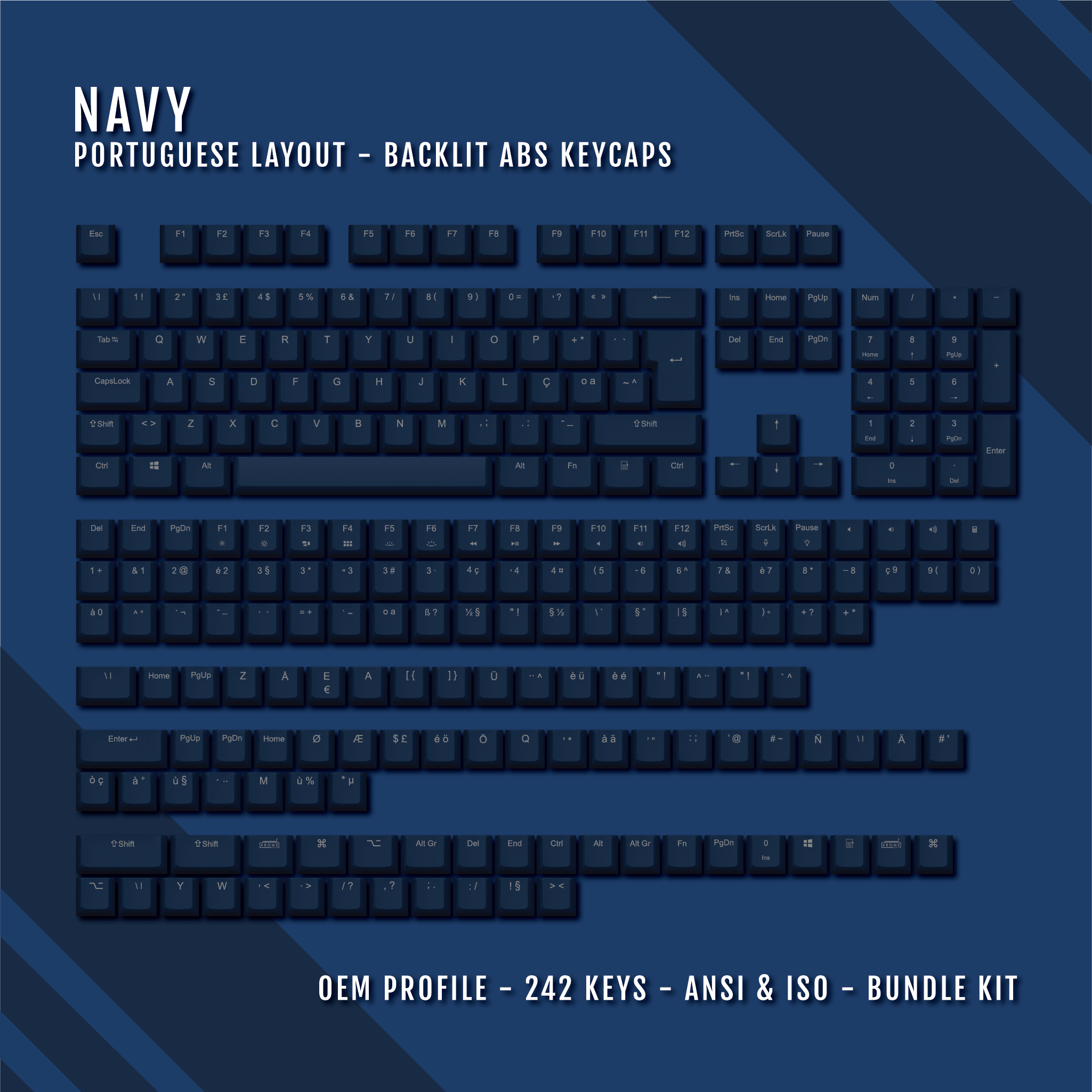 Navy Portuguese (ISO-PT) Backlit ABS Keycaps – Krome Keycaps LTD