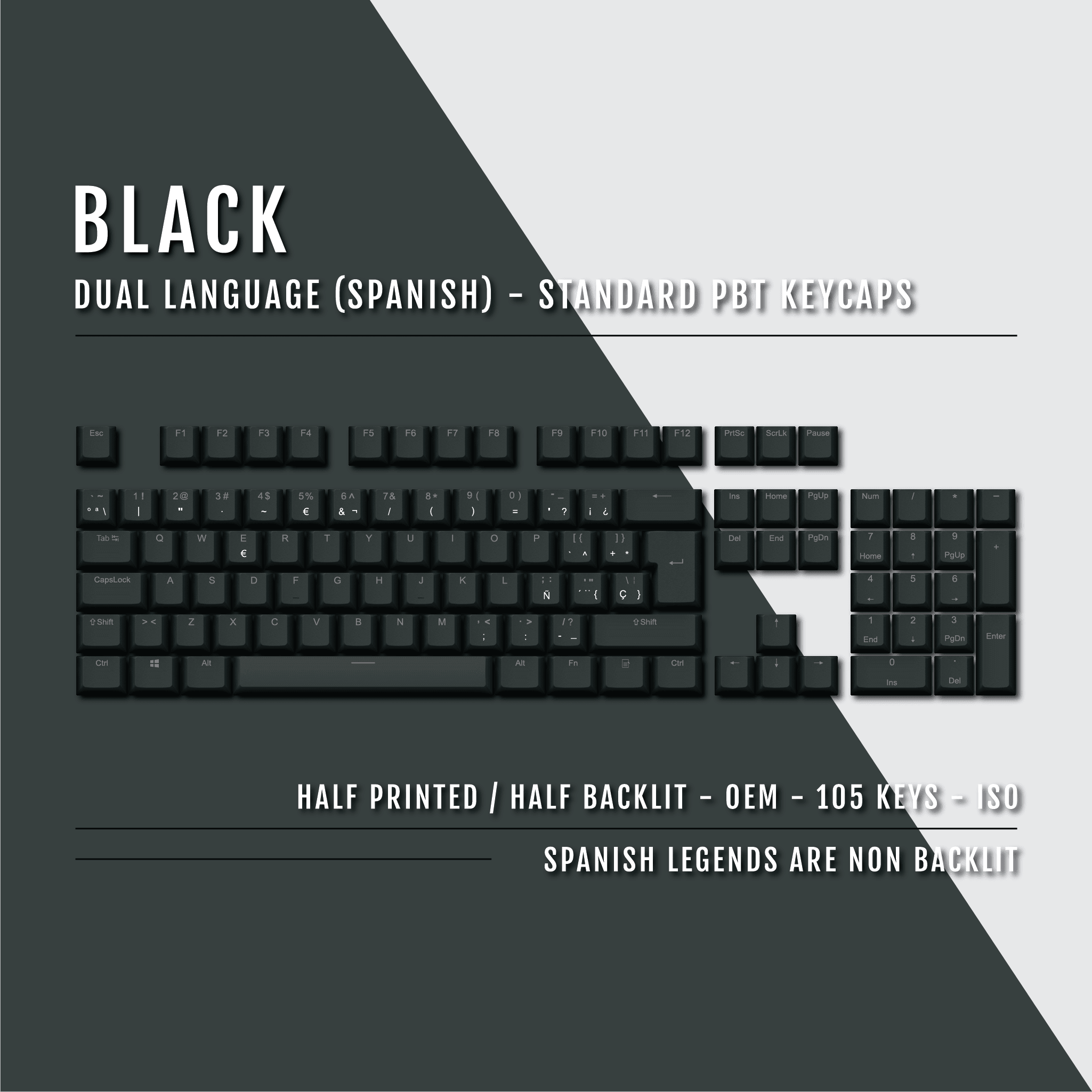Black PBT Spanish Keycaps - ISO-ES - 100% Size - Dual Language Keycaps ...