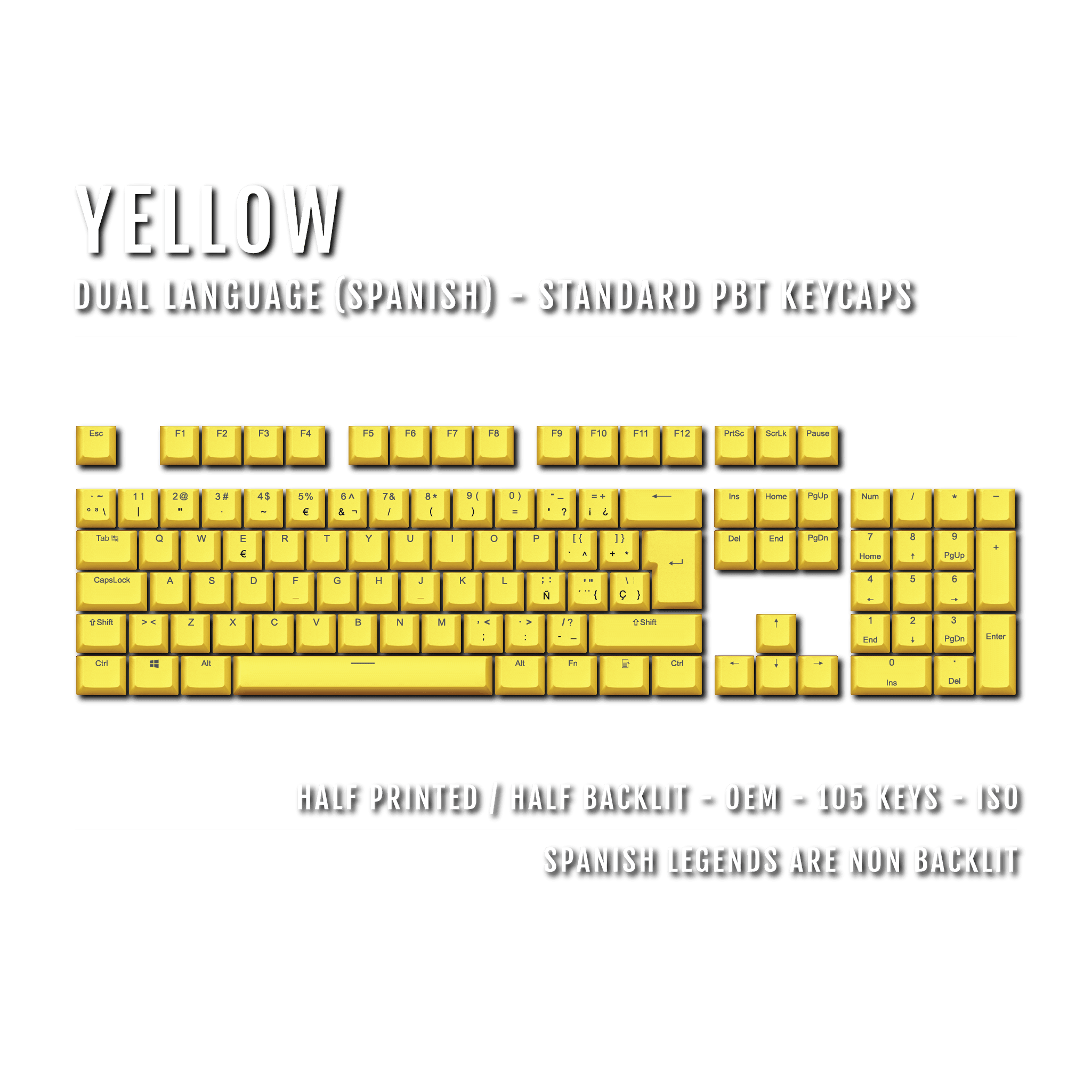 Yellow PBT Spanish Keycaps - ISO-ES - 100% Size - Dual Language Keycap ...