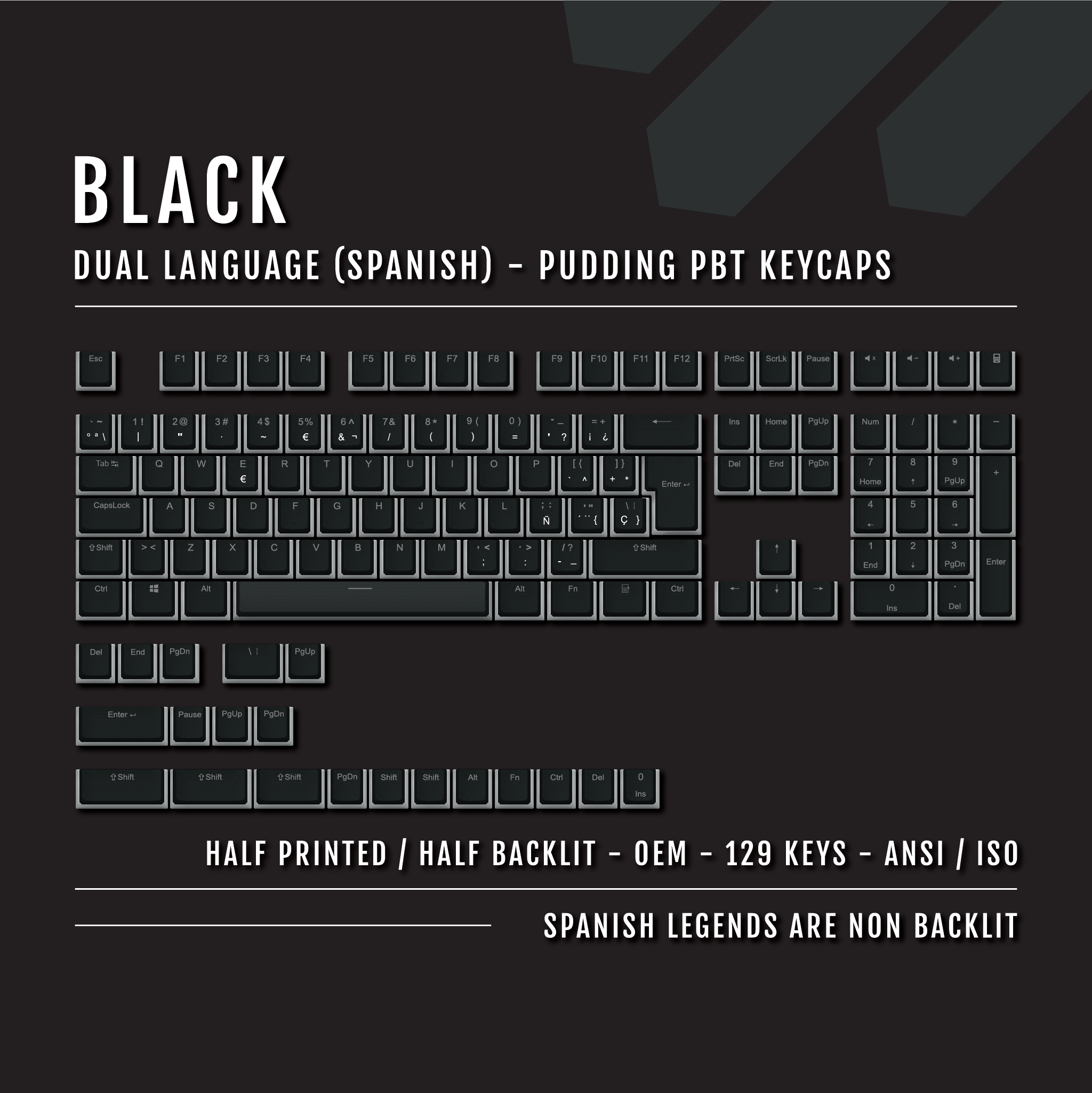 Black Spanish (ISO-ES) Dual Language PBT Pudding Keycaps – Krome ...