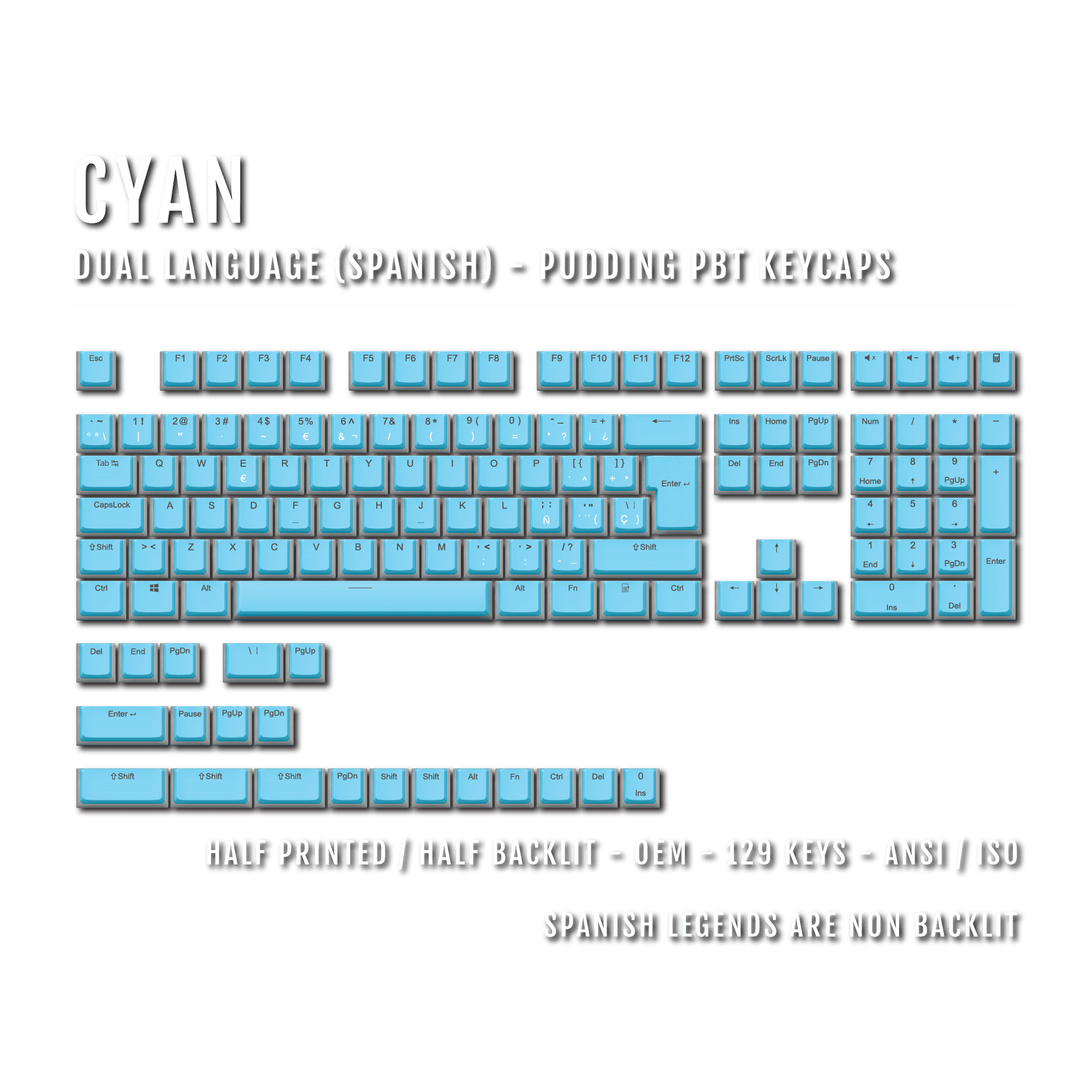 Cyan Spanish (ISO-ES) Dual Language PBT Pudding Keycaps – Krome Keycaps LTD