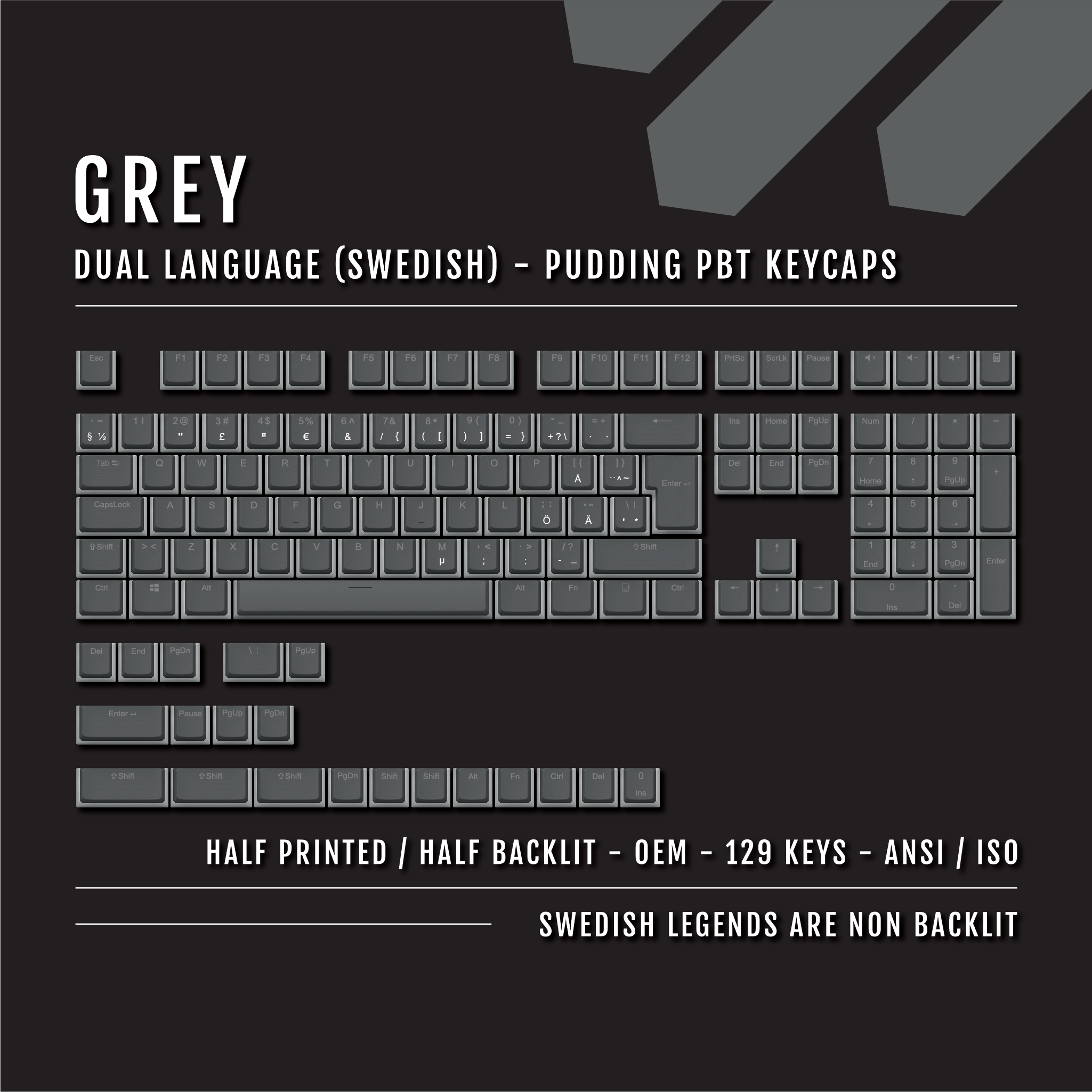 Grey Swedish (ISO-SE) Dual Language PBT Pudding Keycaps – Krome Keycaps LTD