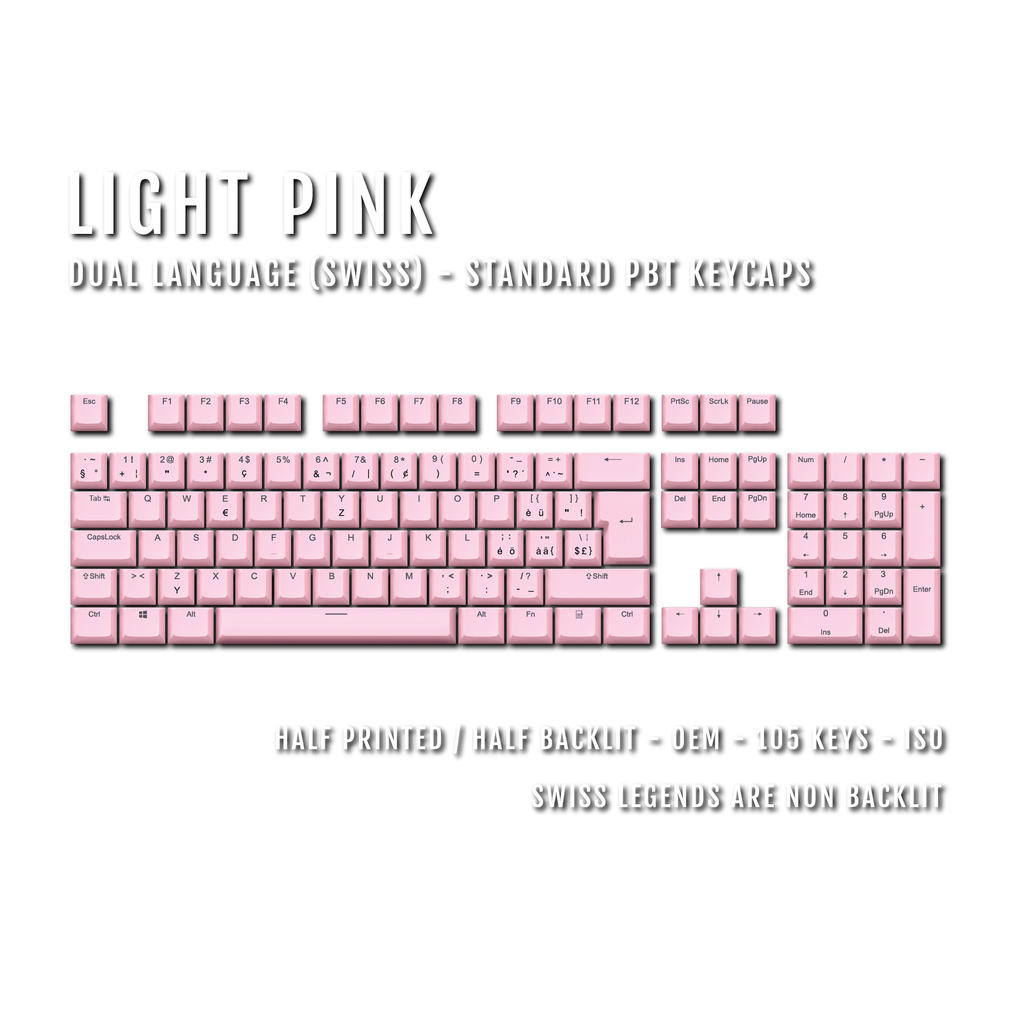 Light Pink PBT Swiss Keycaps - ISO-CH - 100% Size - Dual Language Keyc ...