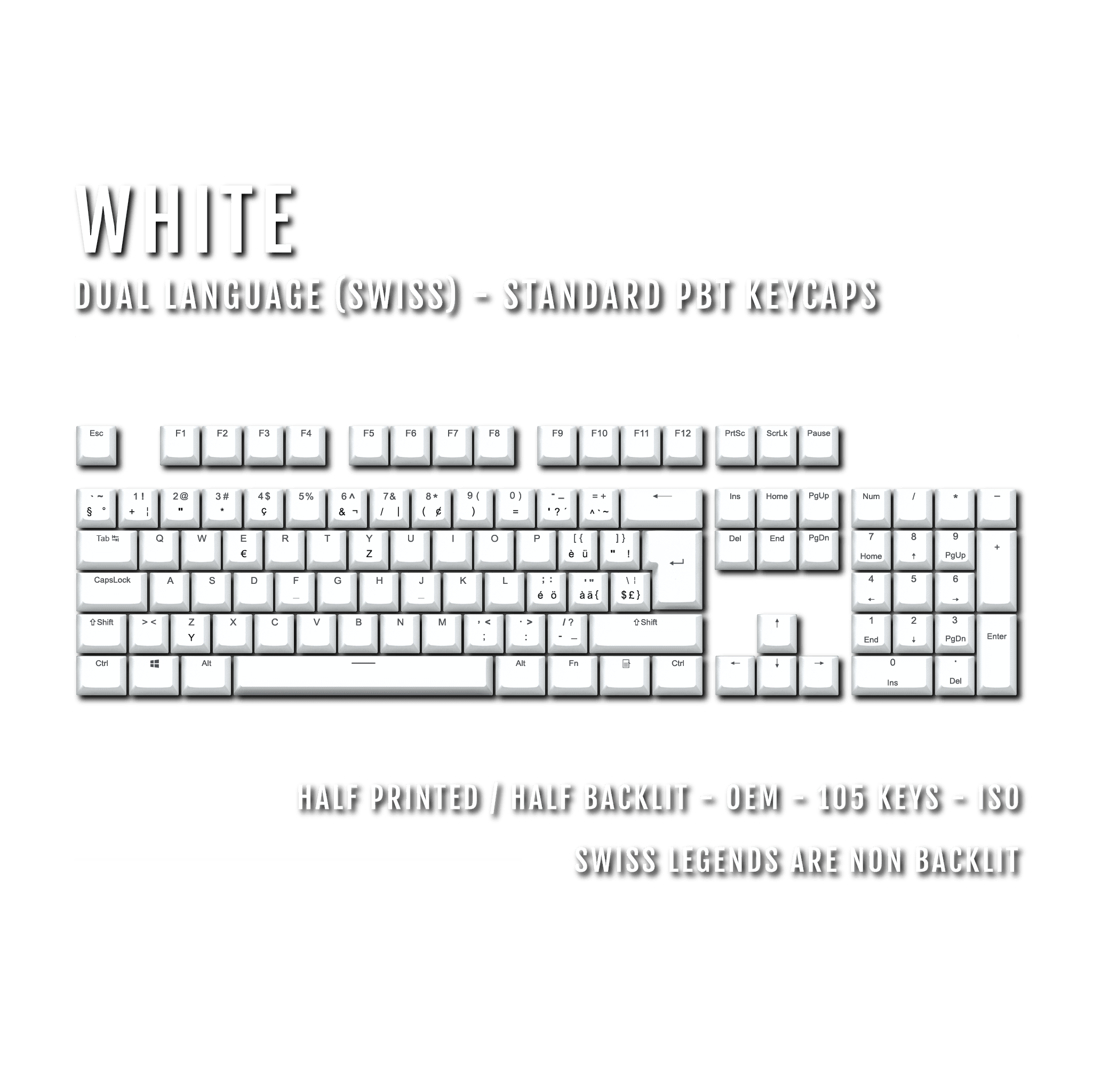 White PBT Swiss Keycaps - ISO-CH - 100% Size - Dual Language Keycaps ...